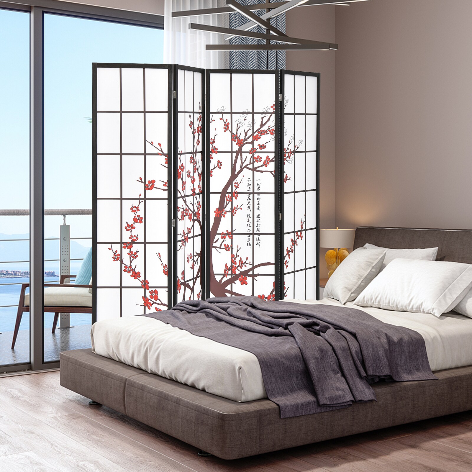 Slickblue 4 Panel Folding Room Divider with Plum Blossom Print for ...