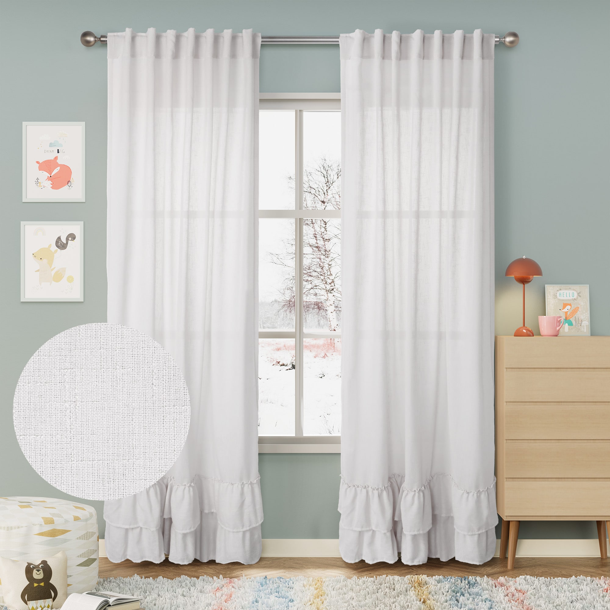 Awesome Home 52-in W x 63-in L White Linen Texture Double Ruffle Back ...