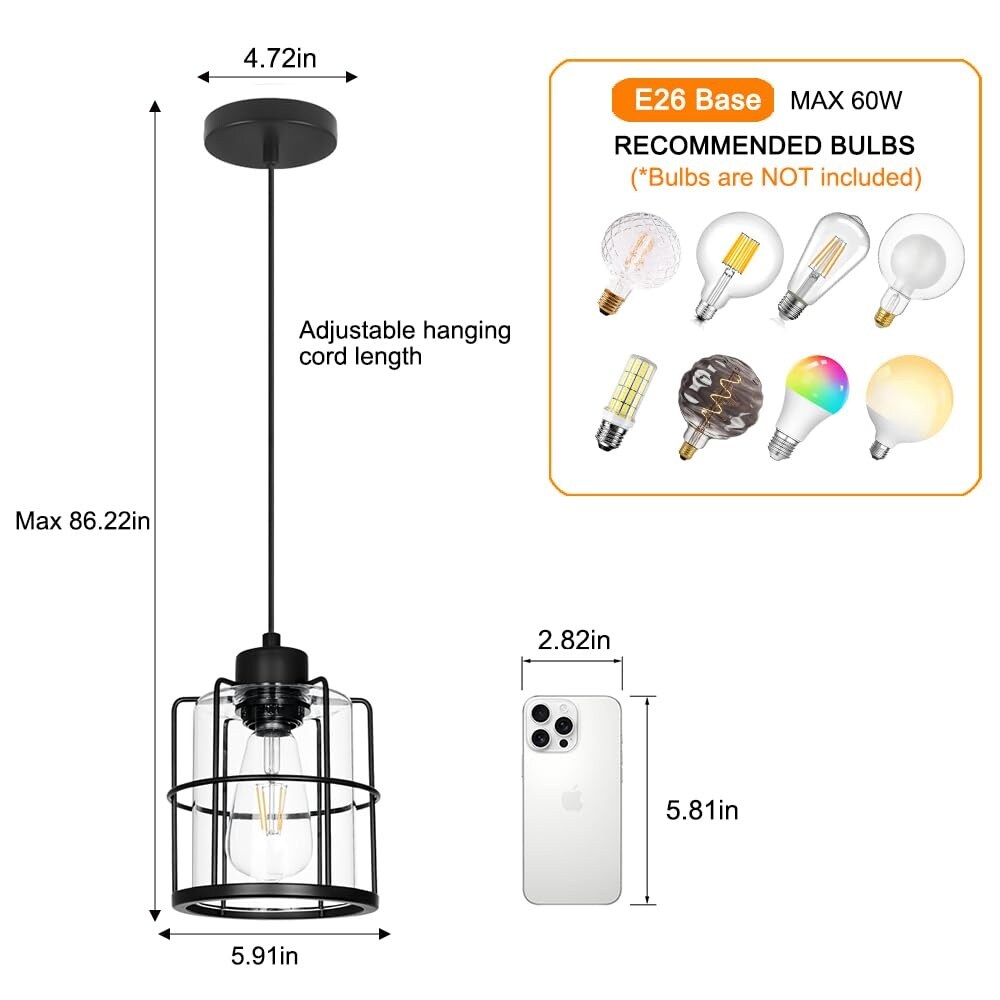 Lukvuzo 5.91 inch Industrial Black Glass Pendant Lights Set of 2 ...