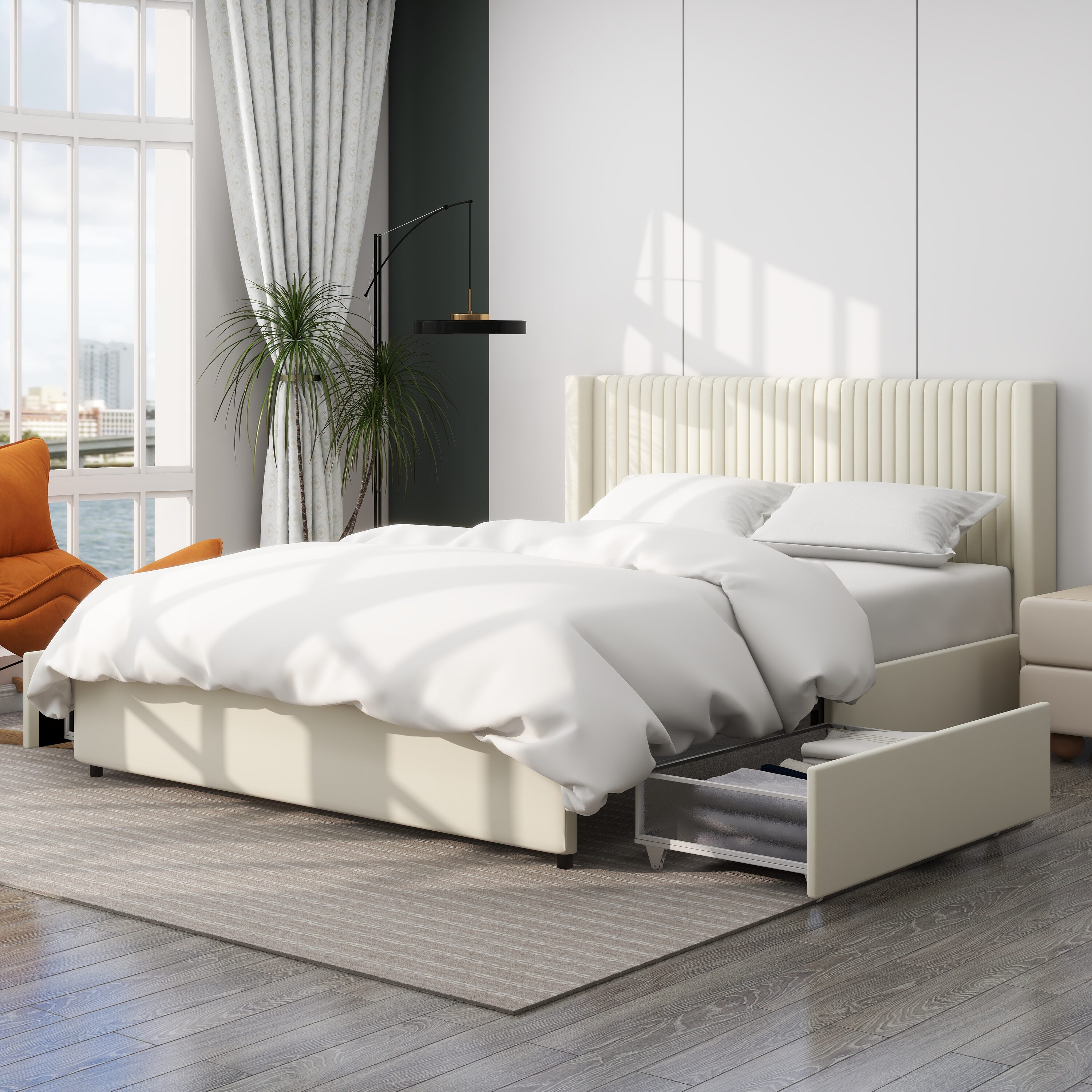 Huluwat 2-Drawer Storage Bed Queen Size Ivory Velvet Upholstered ...