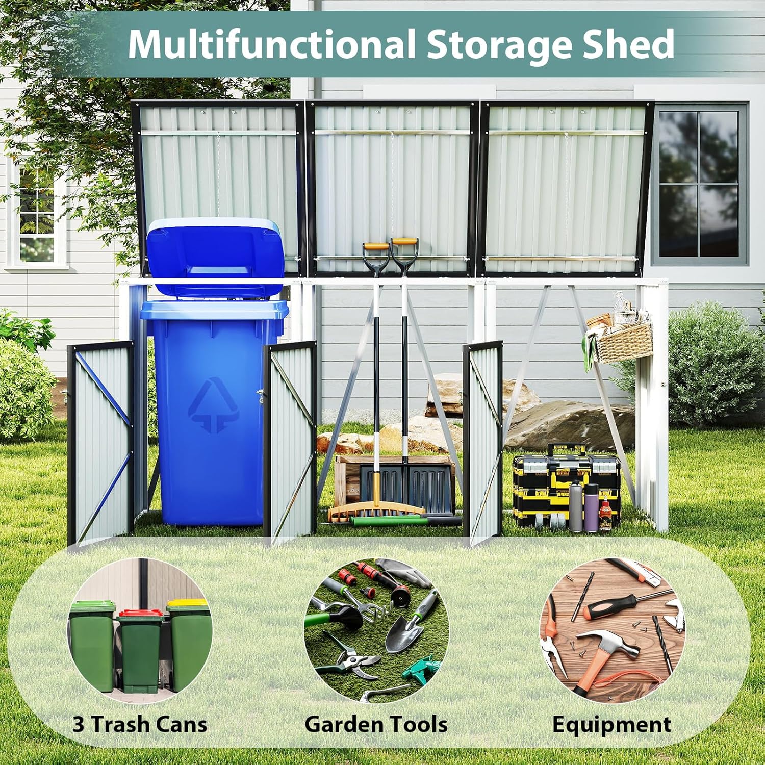 Zevemomo Outdoor Metal Trash Can Storage Shed for 3 Bins Dark Gray in ...