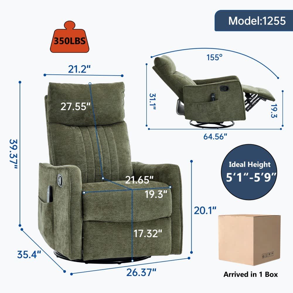 Coolbibila Green Chenille Manual Recliner Chair with Heat Massage ...