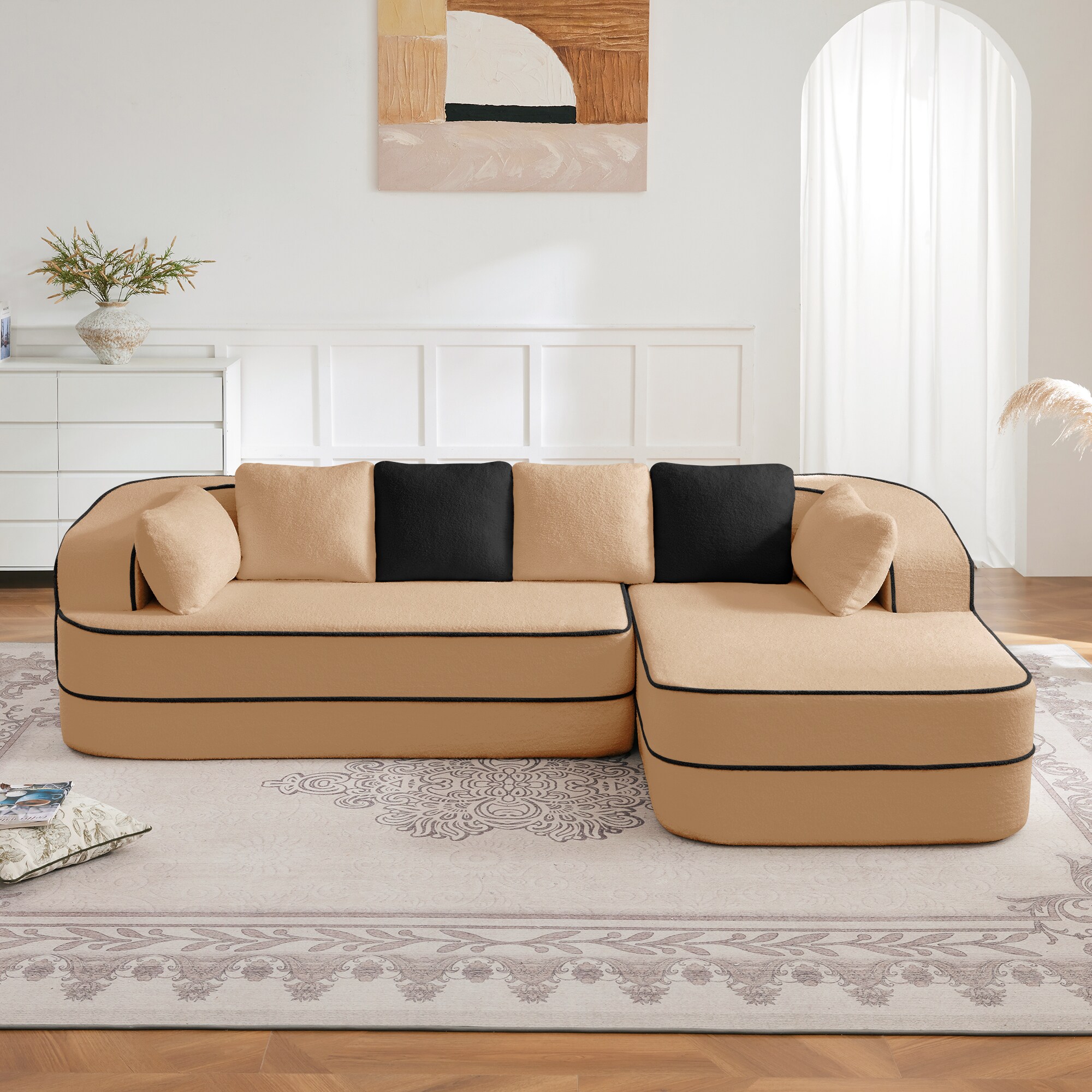 LOVMOR L Shape Modular Compressed Sofa Velvet Camel Couch with Chaise ...
