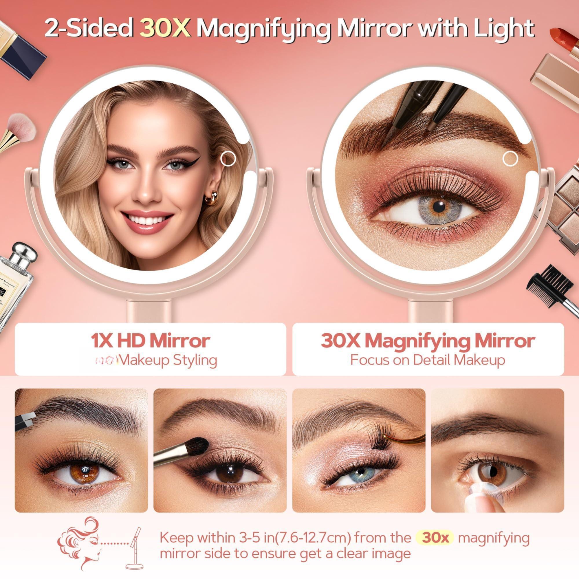 PIGFDK Lighted Makeup Mirror 30X Magnifying Dual Sided 3 Lighting Modes ...