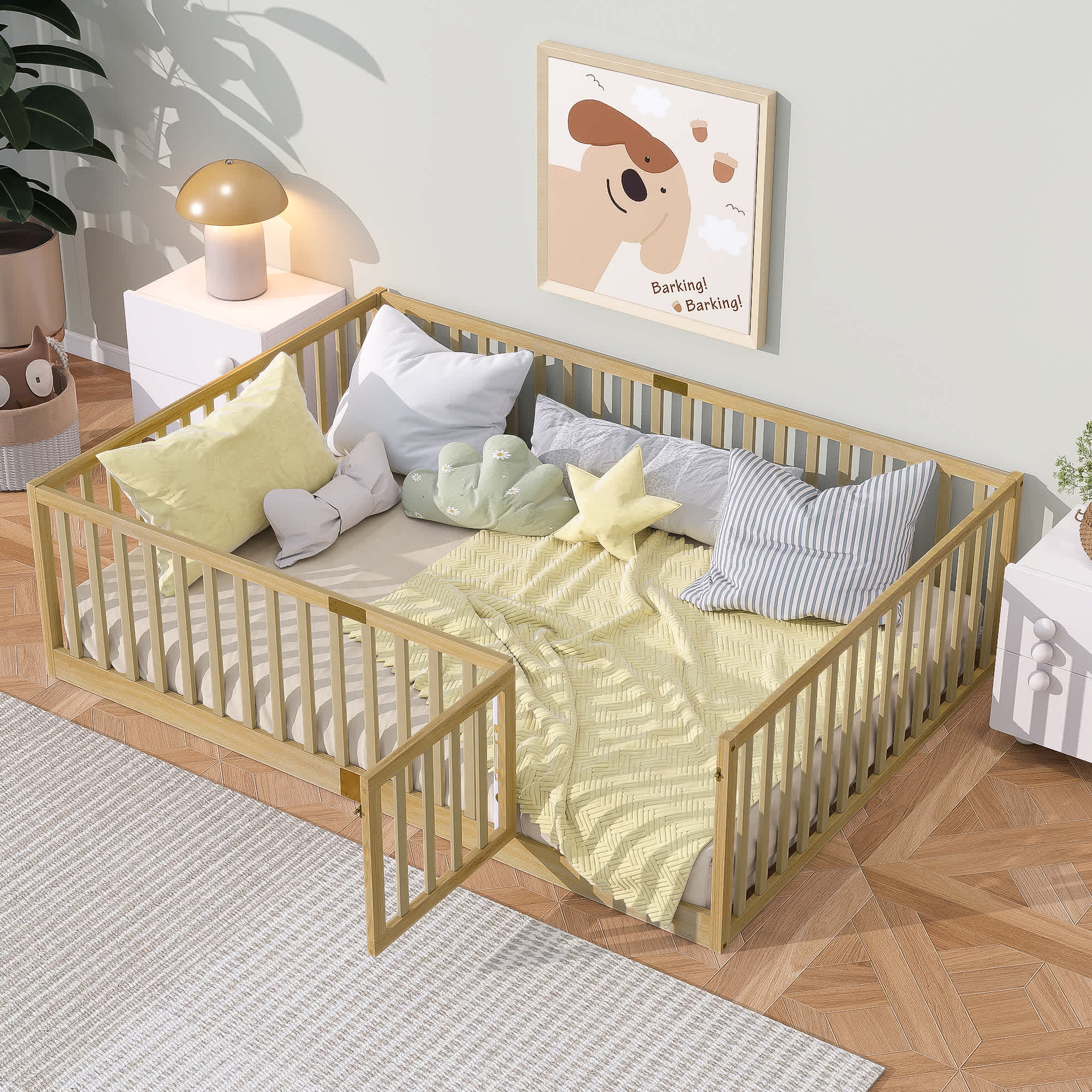 Vynxaria Natural Rubber Wood Frame Full Platform Bed with High Fence ...