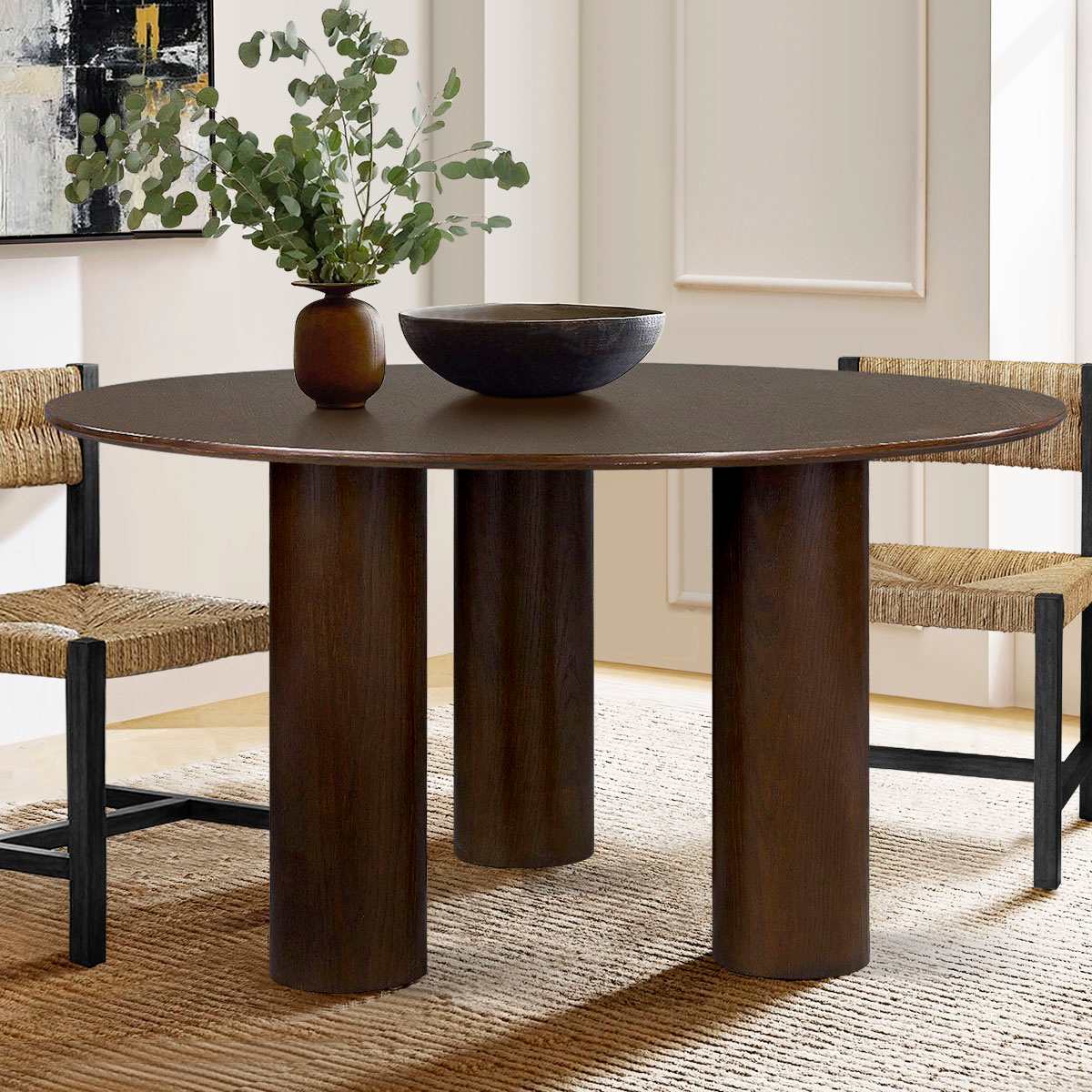 Maison Boucle 52 Inch Round Wood Drum Dining Table Walnut Indoor ...