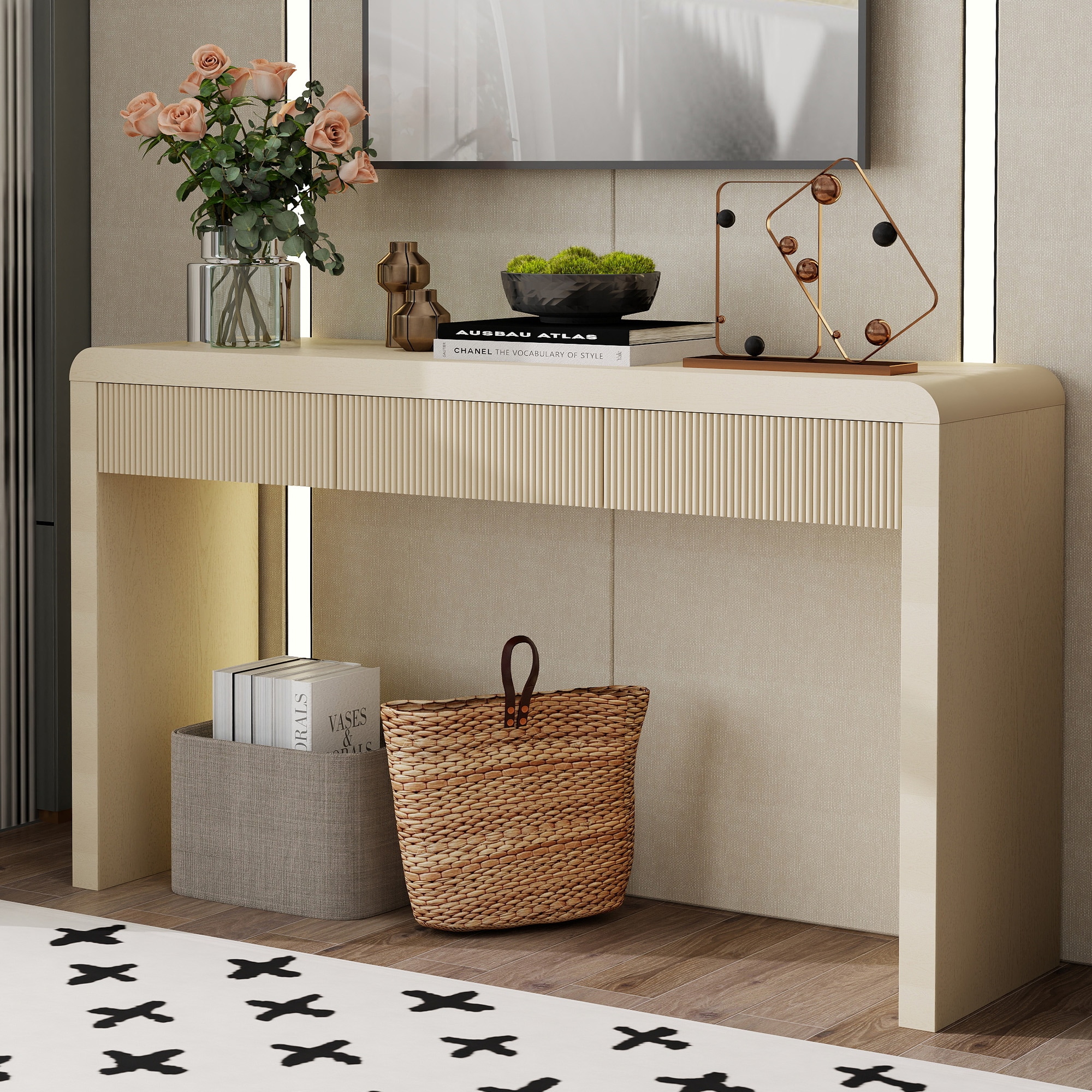 LOVMOR Rustic Console Table with 3 Fluted Drawers Solid Wood Veneer ...