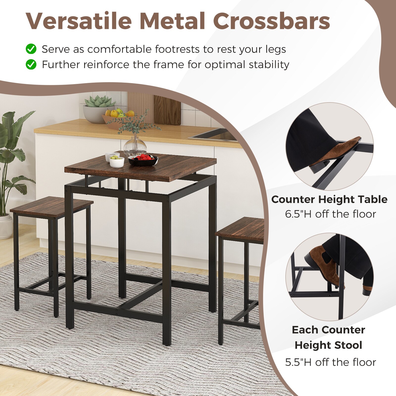 Slickblue Rustic Brown Counter Height Bistro Table Set with 2 Stools ...