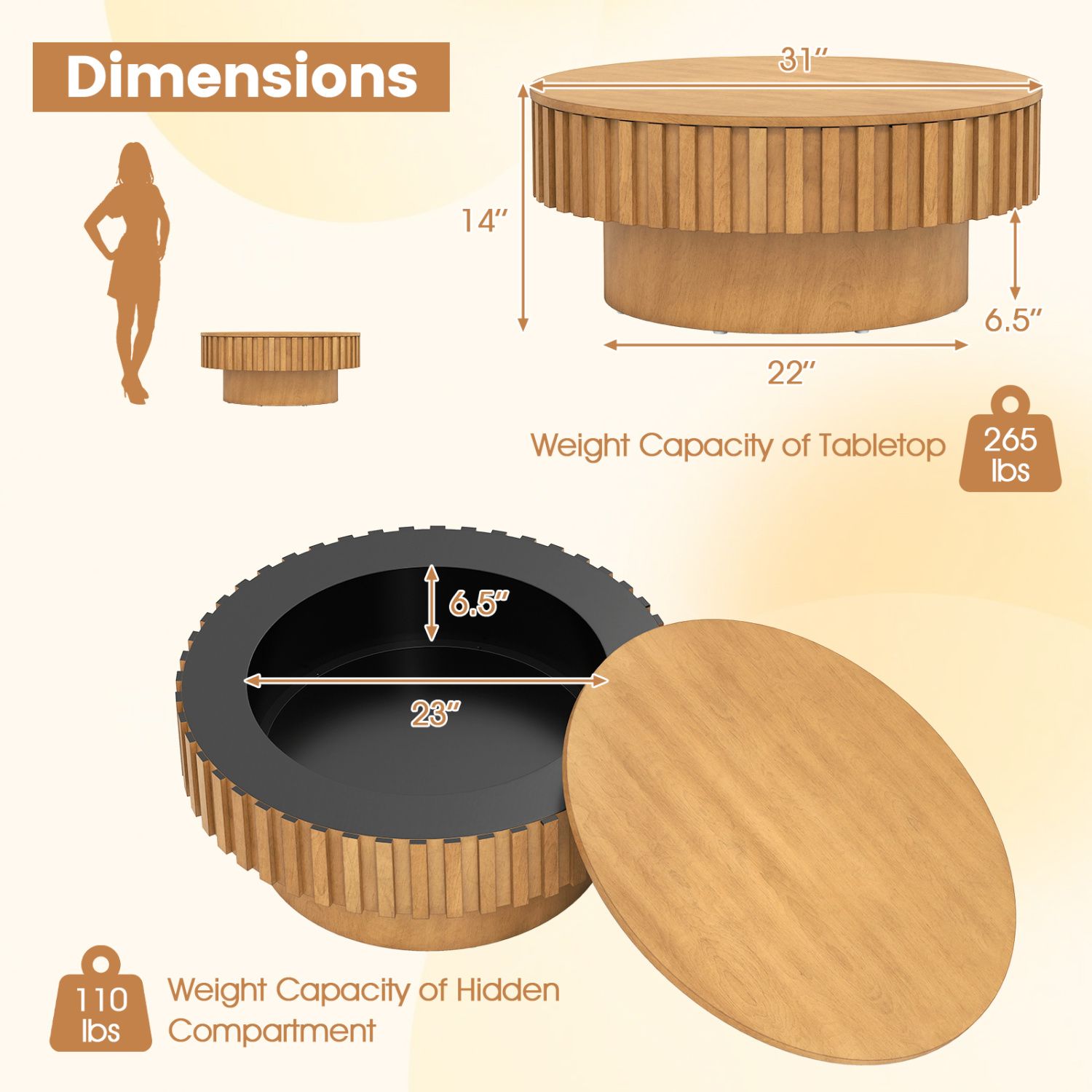 Slickblue Modern Round Natural/Walnut Wooden Coffee Table with Fluted ...