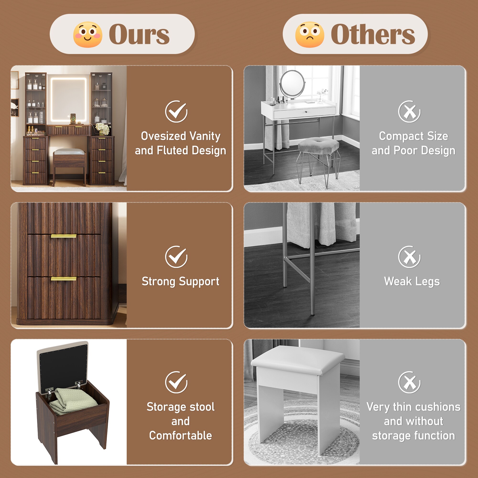Huluwat Fluted Makeup Vanity Desk with Mirror and Lights Modern Glass ...