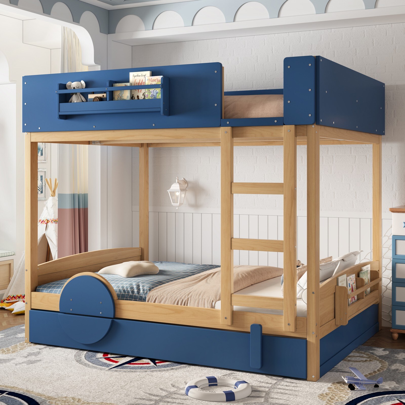 GlasFlength Queen Wood Bunk Bed with Trundle Built-in Bookshelf Safety ...