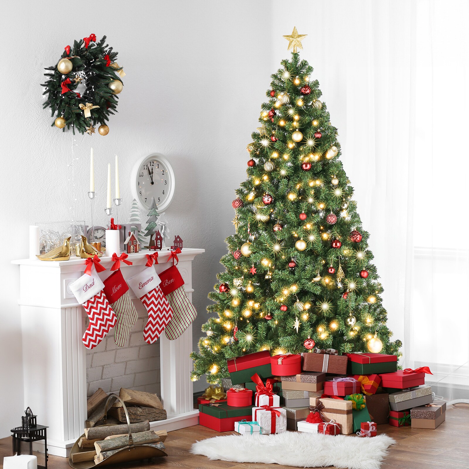 VINGLI 6ft Pre lit Artificial Christmas Pine Tree with 250 Warm White ...