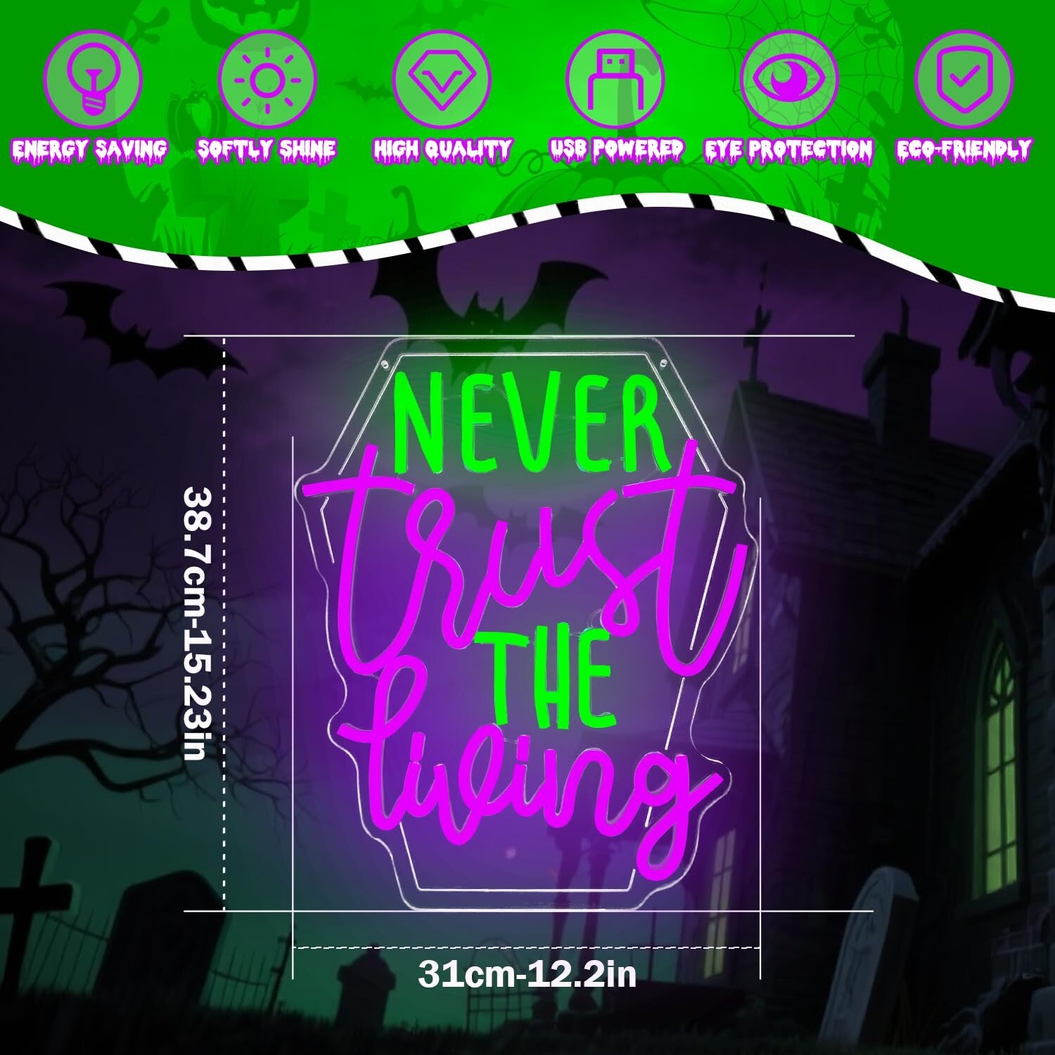 Vrbgify Never Trust The Living Neon Sign Halloween LED Tombstone Light ...