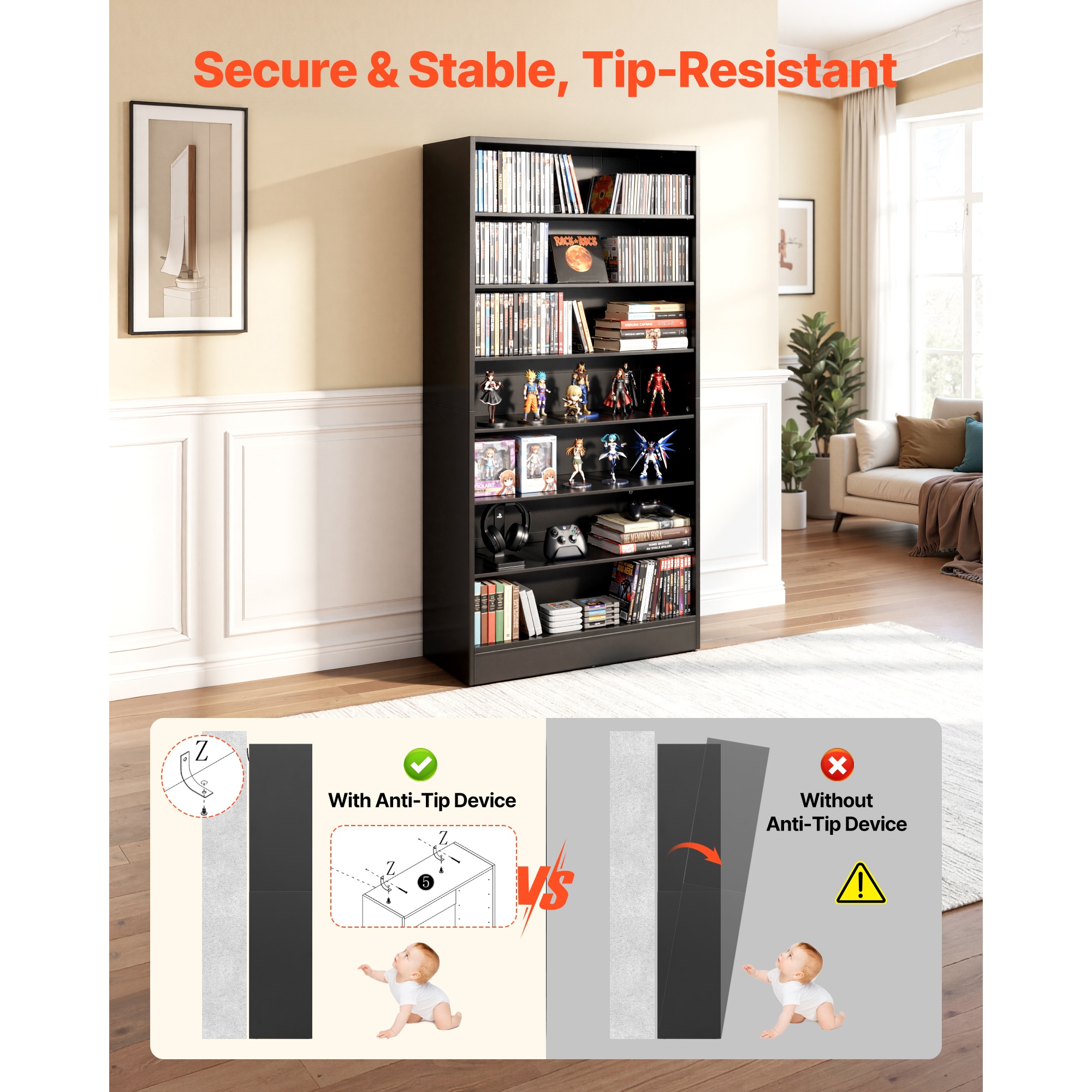 VEVOR Media Storage Cabinet 7-Tier DVD Shelf Organizer 27.56 x 11.81 x ...