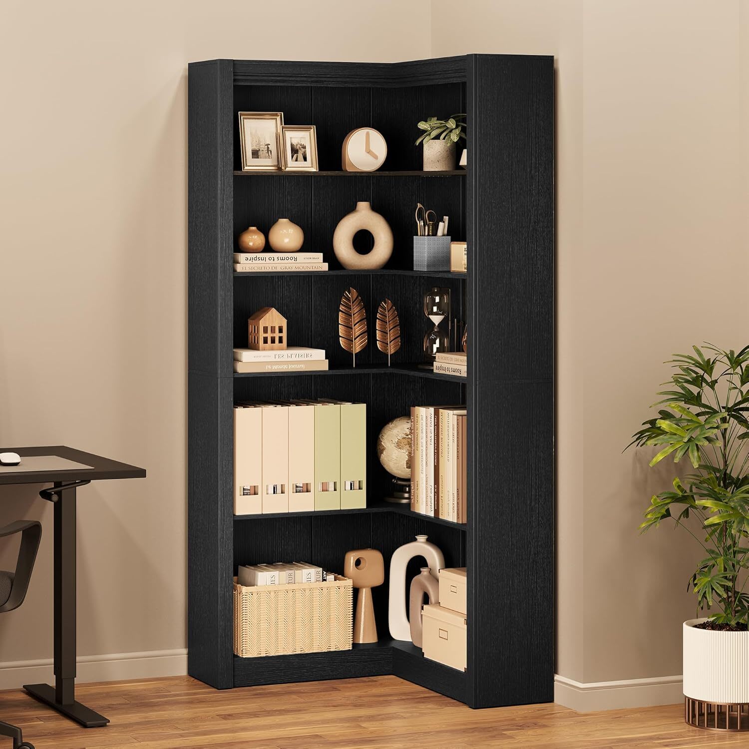 Qeetex Corner Bookshelf 71 in White Corner Bookcase LShaped Bookshelf ...