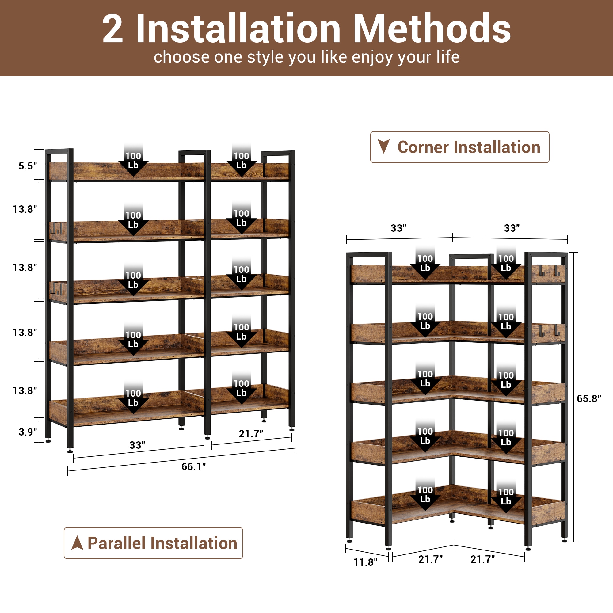 GarveeLife Vintage Brown L Shaped Corner Bookshelf Sturdy Metal Wooden ...