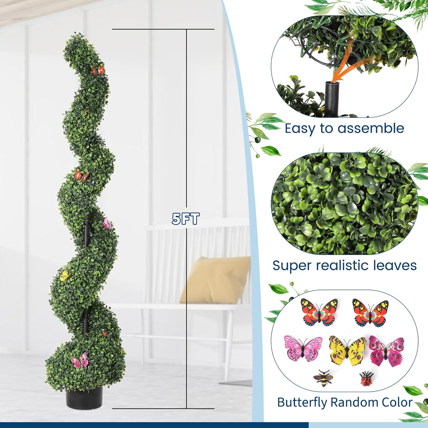 Qeetex 5 Ft Artificial Boxwood Spiral Topiary Trees Artificial Plants ...
