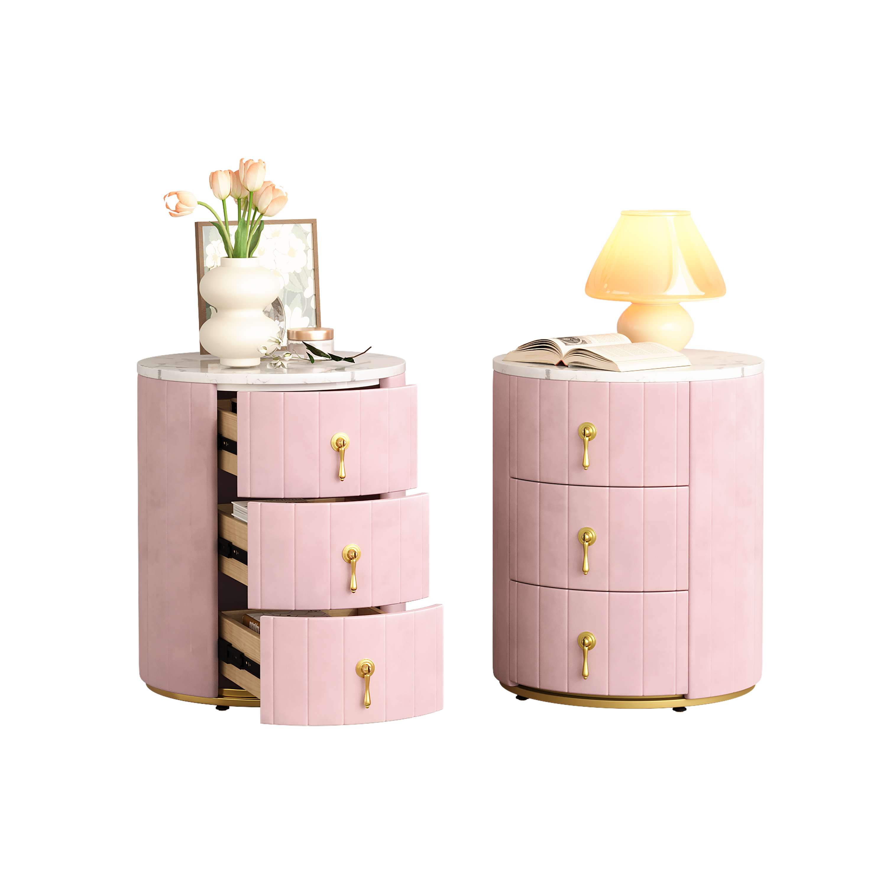 Vynxaria Pink Upholstered Nightstand Set 2 Piece Round Bedside Table ...