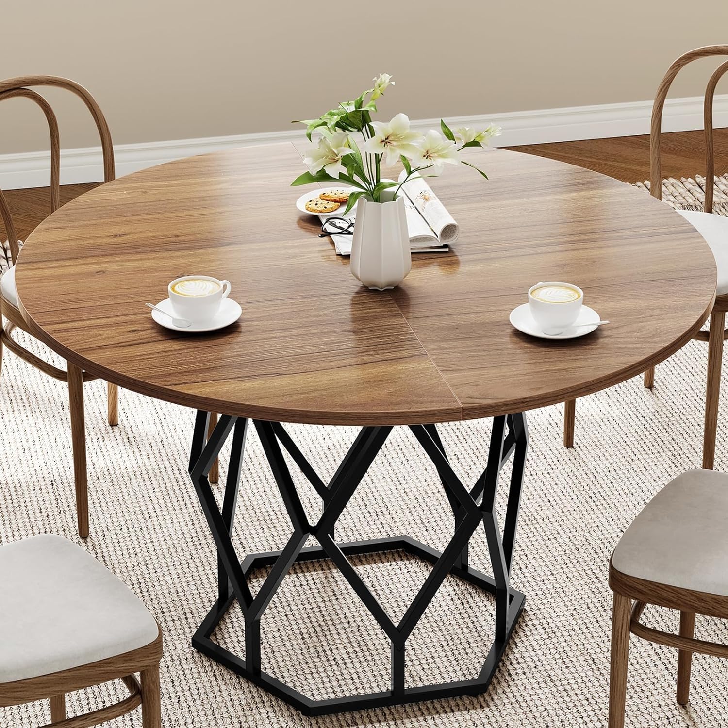 IdealHouse Round Dining Table for 4-6 People with Sturdy Base for ...