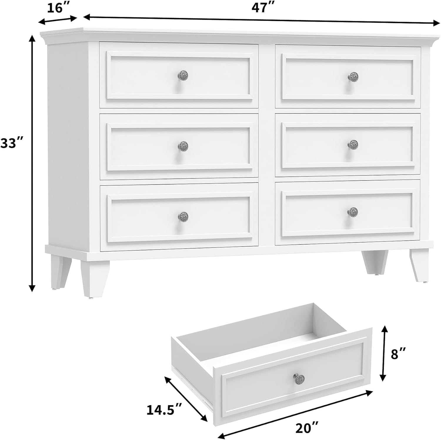 Der Rose 6 Drawer Dresser Large Wide Dresser TV Stand Wooden Storage ...