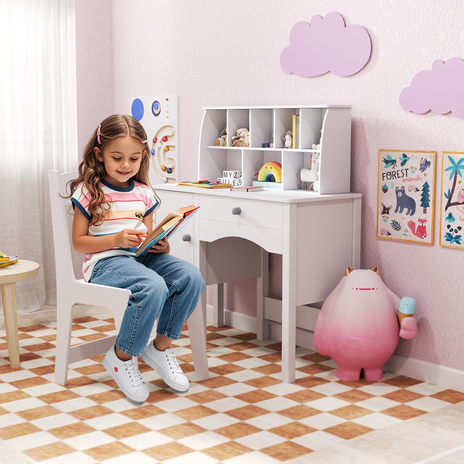 SUGIFT Kids Study Desk And Chair Set With 5 Small Storage Compartments ...