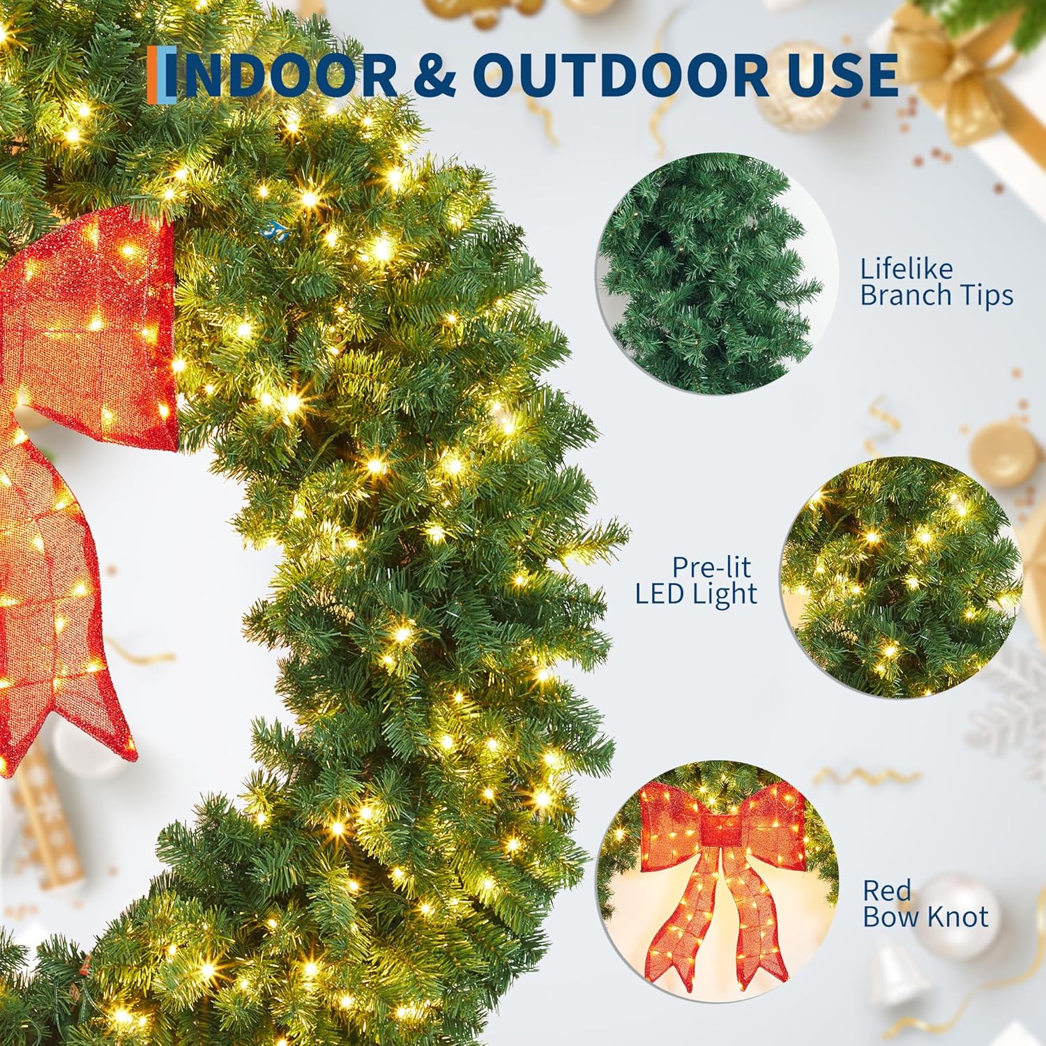 Qeetex Garvee Pre-Lit Christmas Wreath with Bow Winter Artificial ...