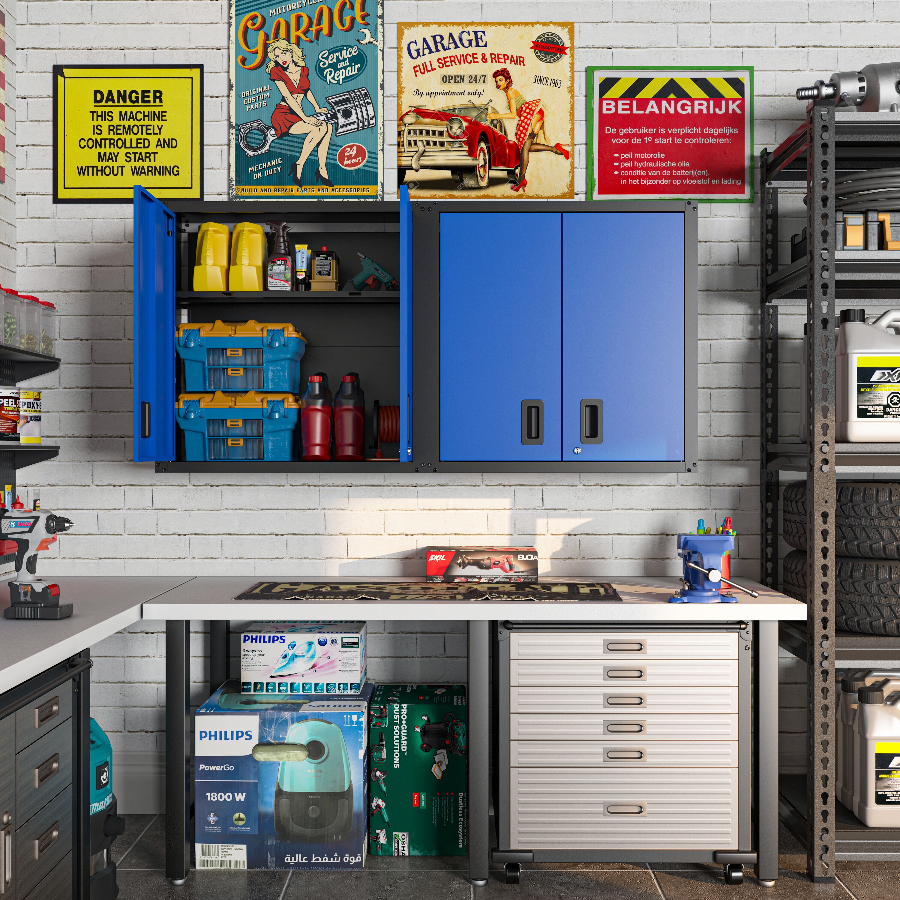 LOVMOR Wall-Mounted Garage Storage Cabinet with Lockable Doors and ...