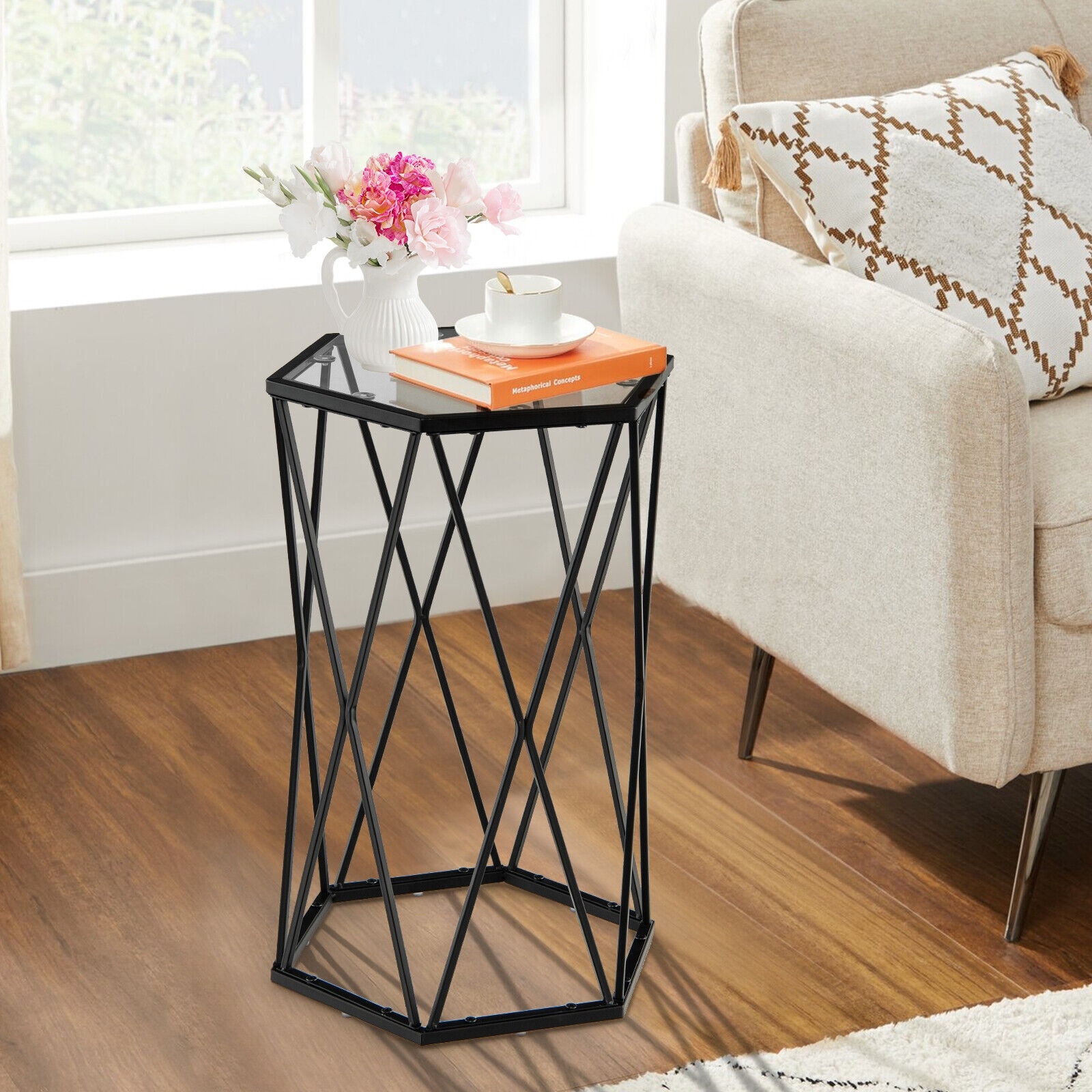 SUGIFT Hexagonal Accent End Table with Tempered Glass Top Metal X ...