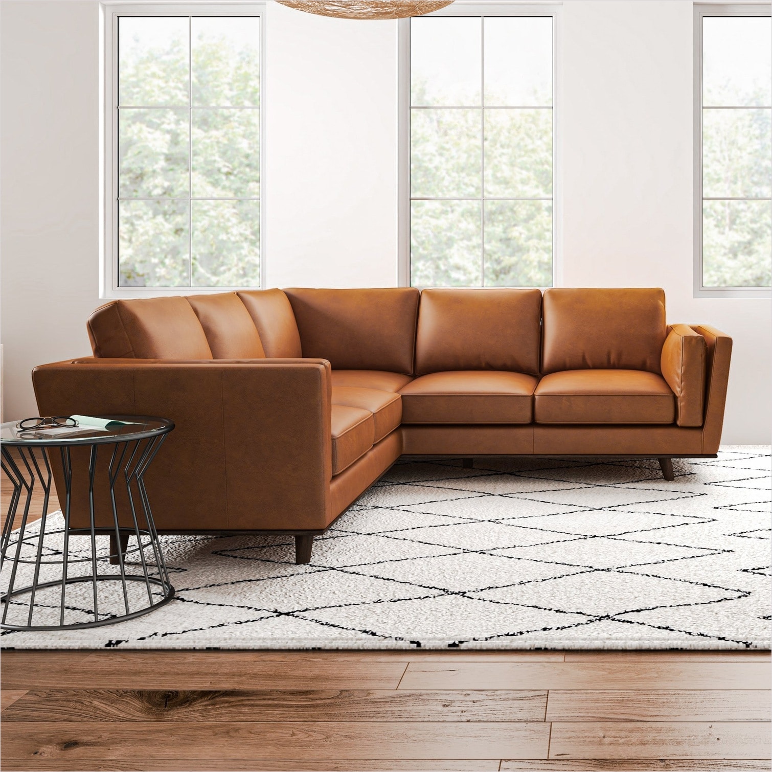 Watnature Spacious L-Shape Leather Sectional Sofa Tan Genuine Leather ...