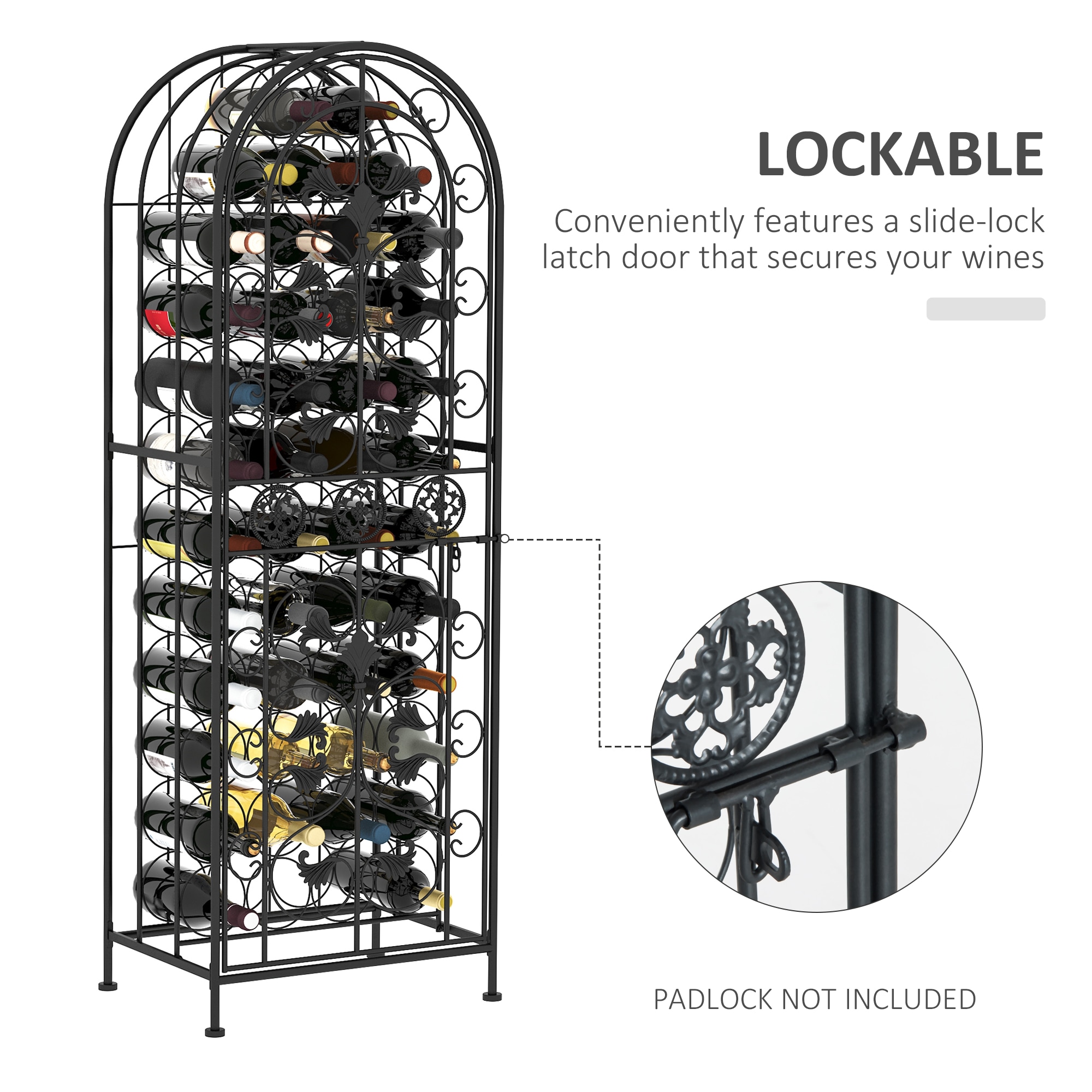 Blisstyle Homcom 45 Bottle Wrought Iron Wine Rack Jail with Lock Black ...