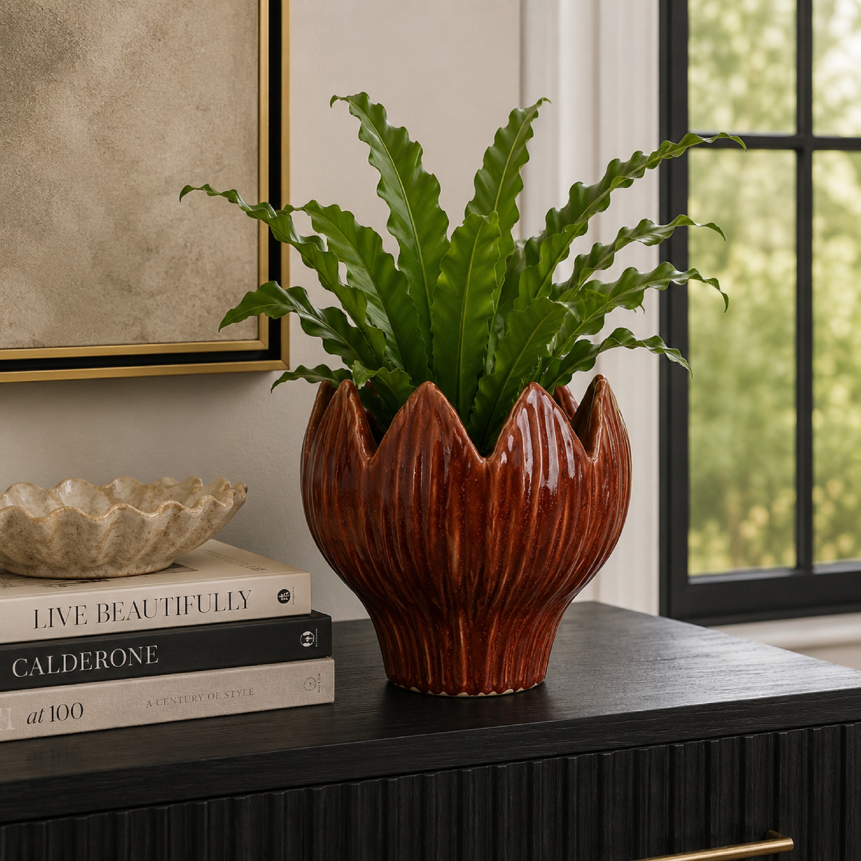 Benzara Siena Decorative Planter with Petal Edge Design Red Ceramic 10 ...