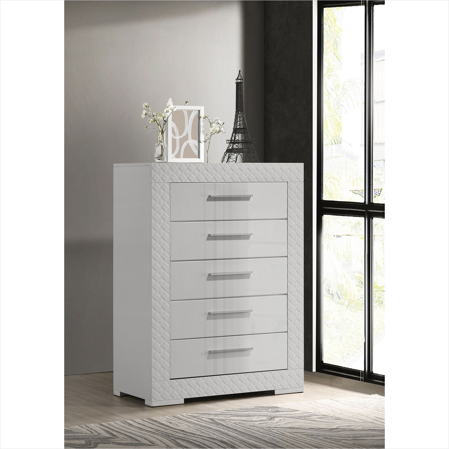 Watnature Crisp white wood five-drawer bedroom chest with diamond ...