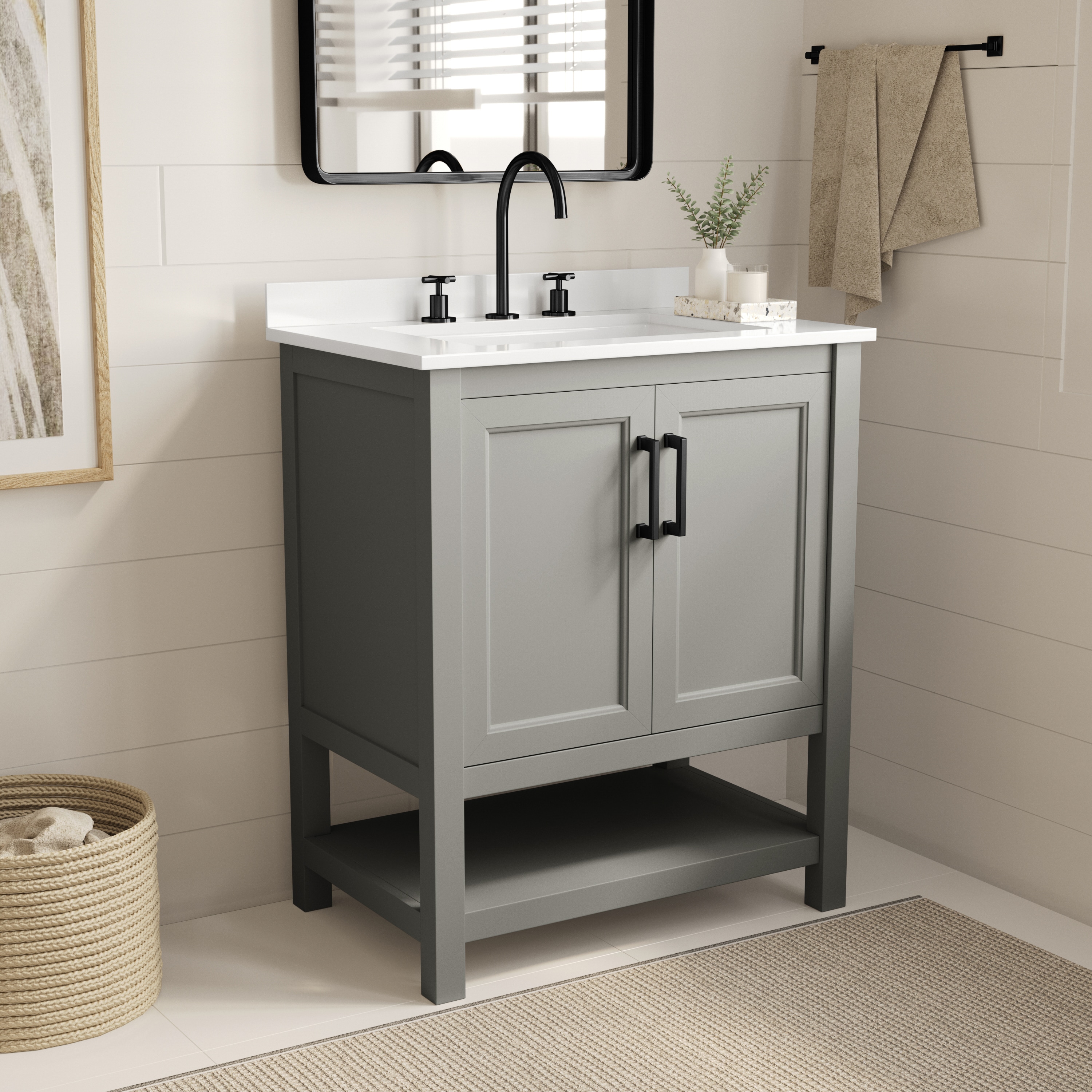 Merrick Lane Vigo 30 Inch Bathroom Vanity with Ceramic Sink; Carrara ...