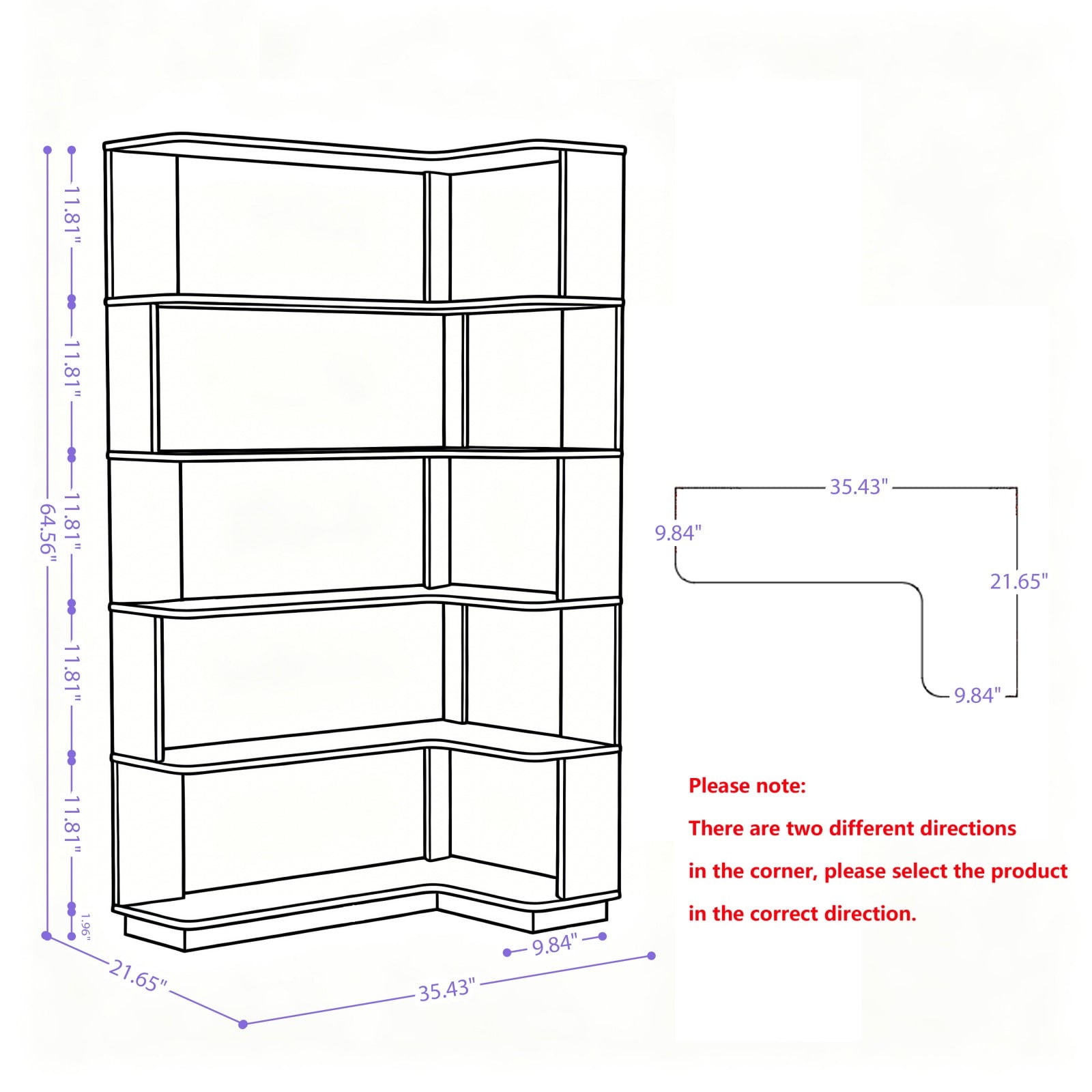 GlasFlength 35.43 Inch Extended Corner Bookshelf Wooden Bookcase with ...