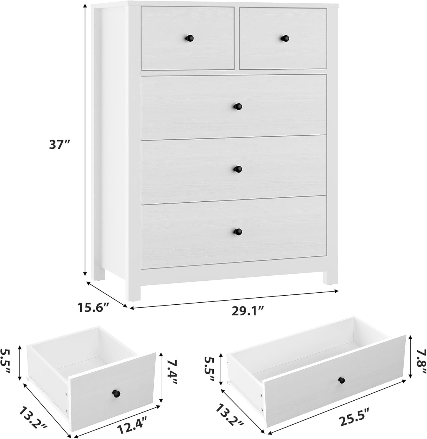 Der Rose Chest of Drawers 5-Drawer Cabinet with Column Legs White ...