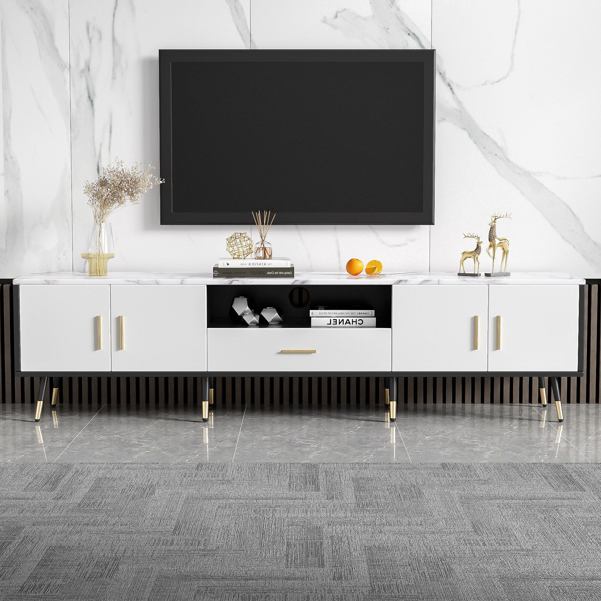 Clihome Modern/Contemporary White+Black 70.8-in W TV stand ...