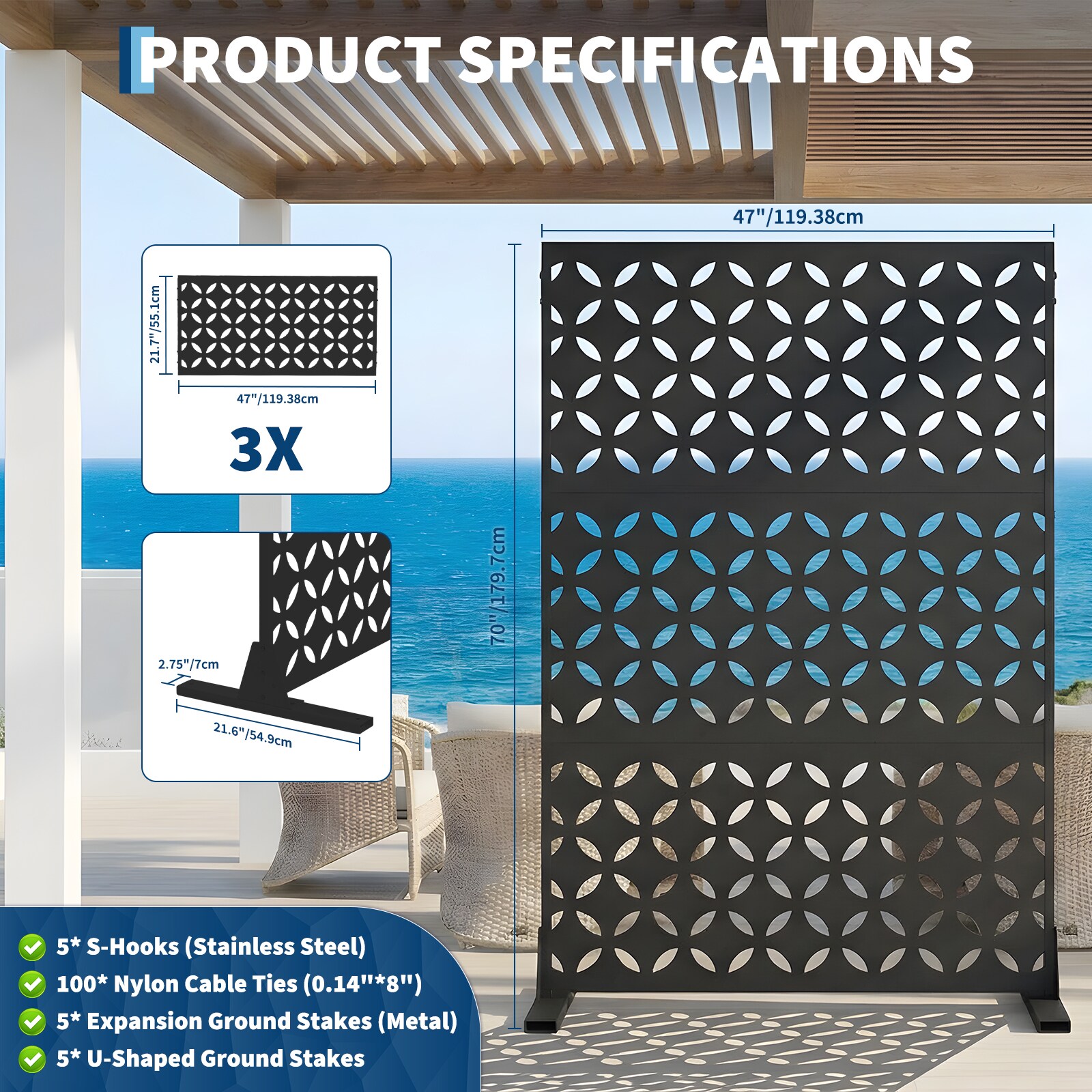 Garvee 70in H Metal Privacy Screen Outdoor Freestanding Weather ...