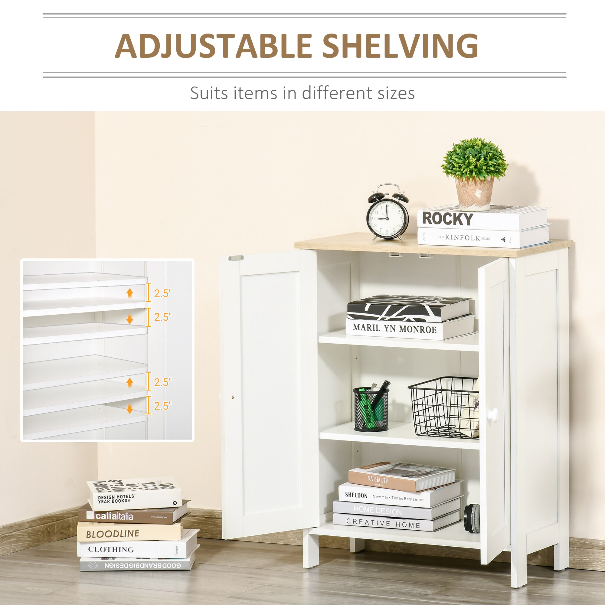 LOVMOR Storage Cabinet Double Door Cupboard with 2 Adjustable Shelves ...