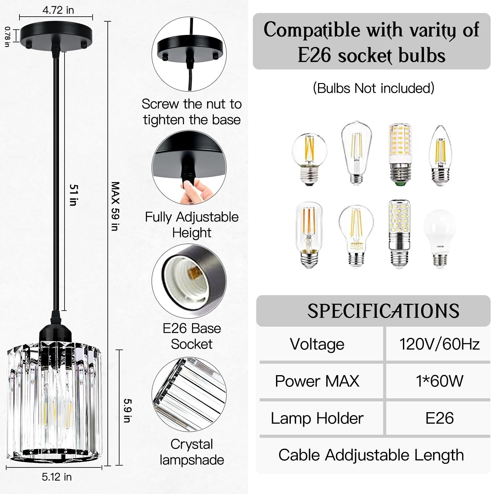Oyezvary 3 Pack Black Crystal Glass Pendant Lights Adjustable Height ...