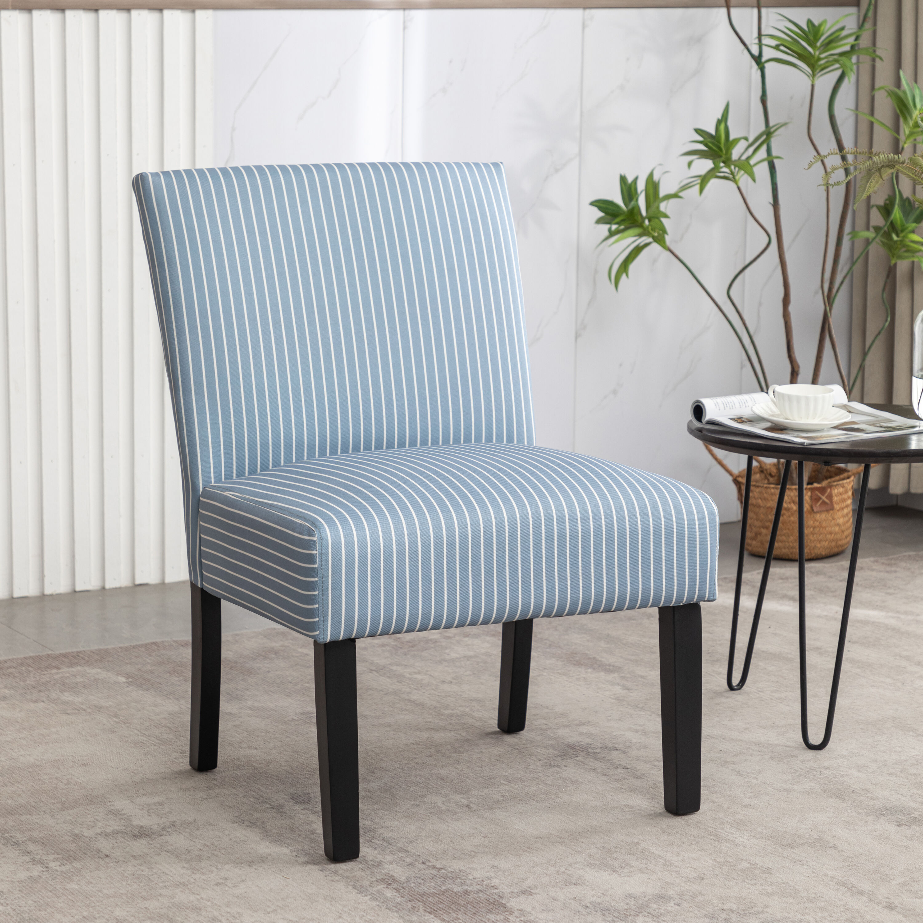 GDFStudio Upholstered Slipper Accent Chair in Blue Stripe Solid ...