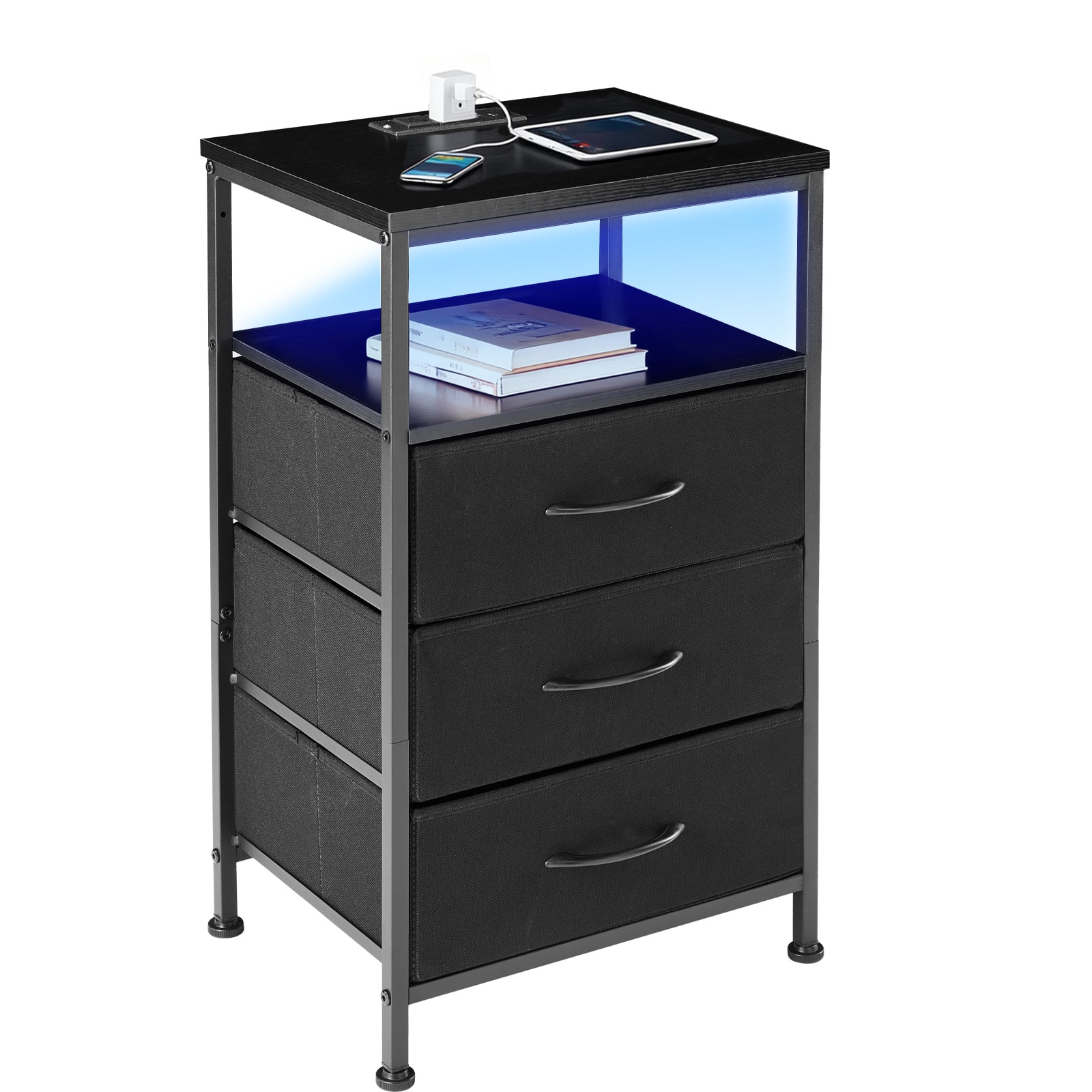 OOU Nightstand with Charging Station Bedside End Table with 3 Fabric ...