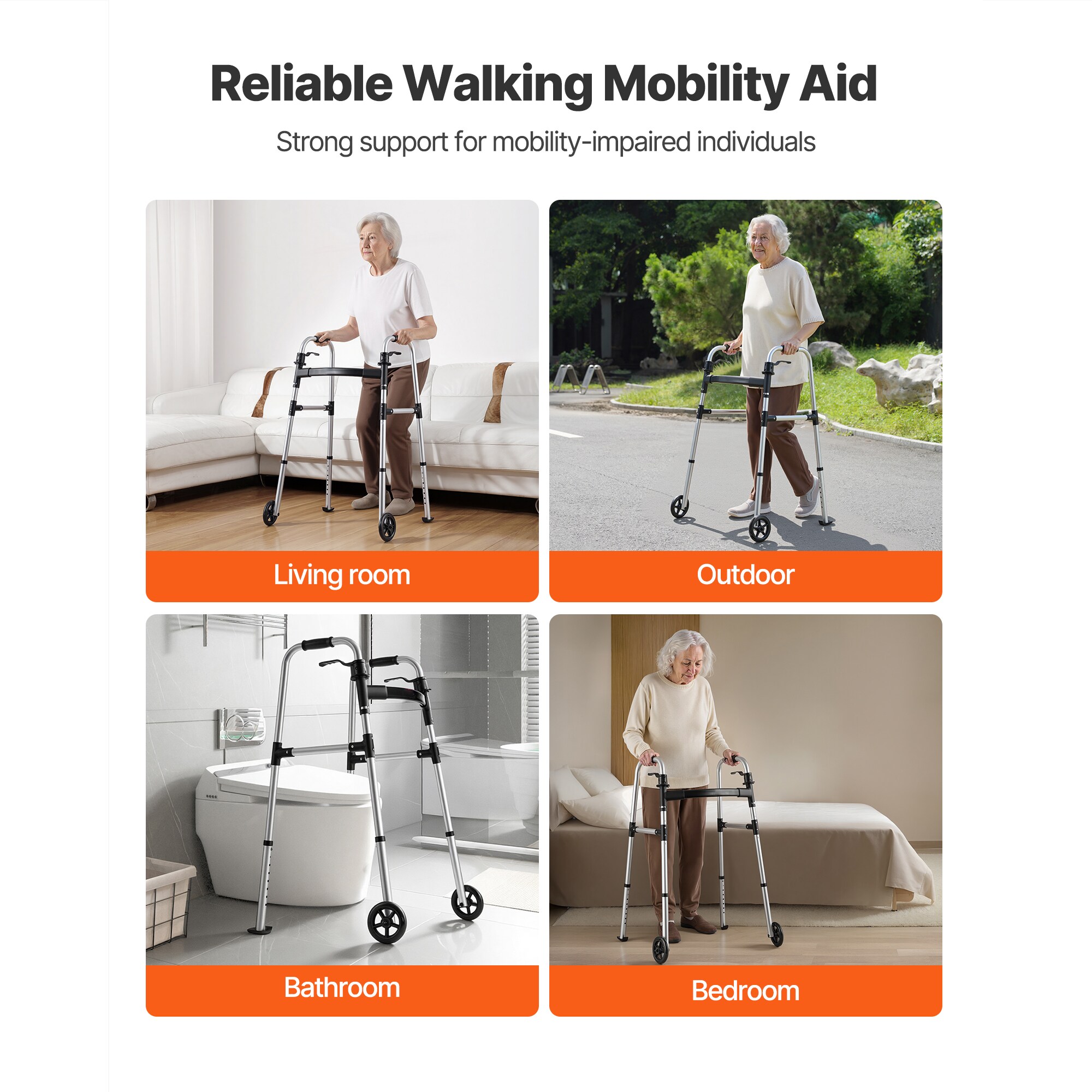 VEVOR Folding Walker 2-Button Foldable Walker with 5in Wheels and 8 ...