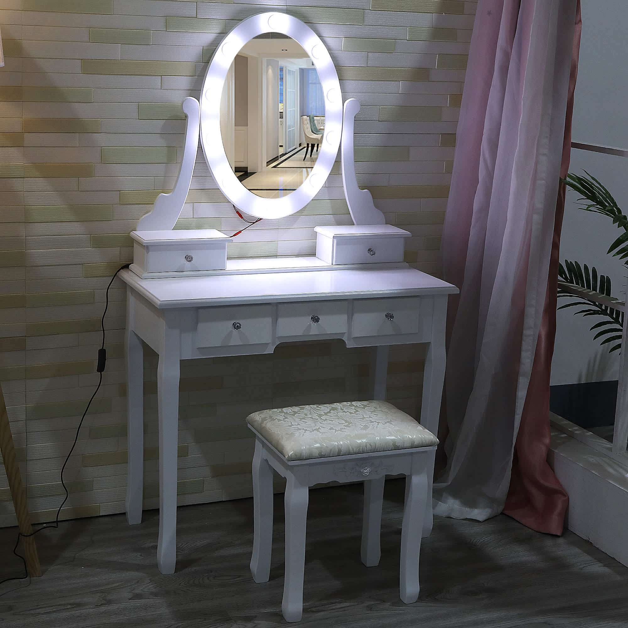 IdealHouse White Modern Makeup Vanity Set with Lighted Mirror Cushioned ...