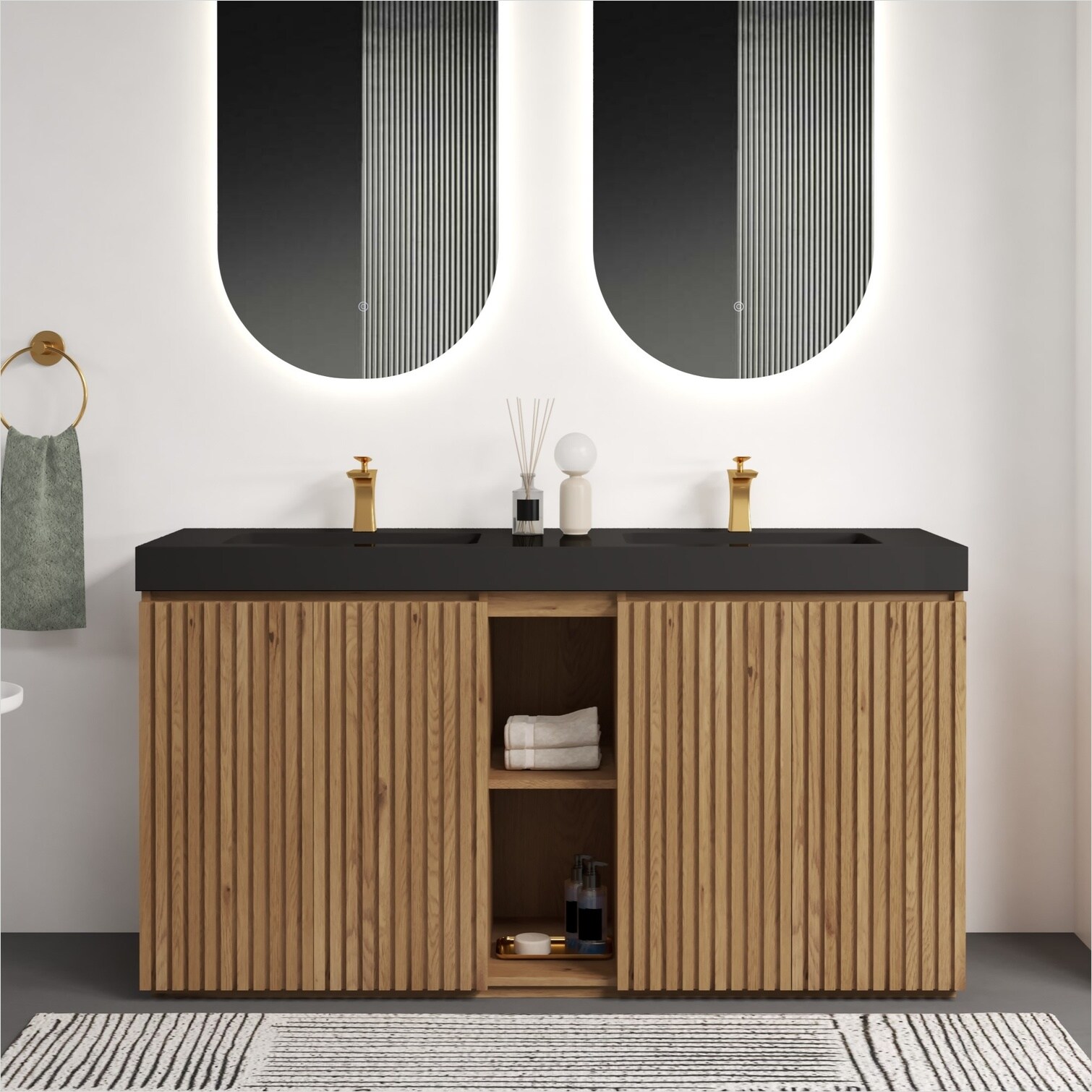 SunJet Double Basin Bathroom Vanity with Black Quartz Top Light Oak ...