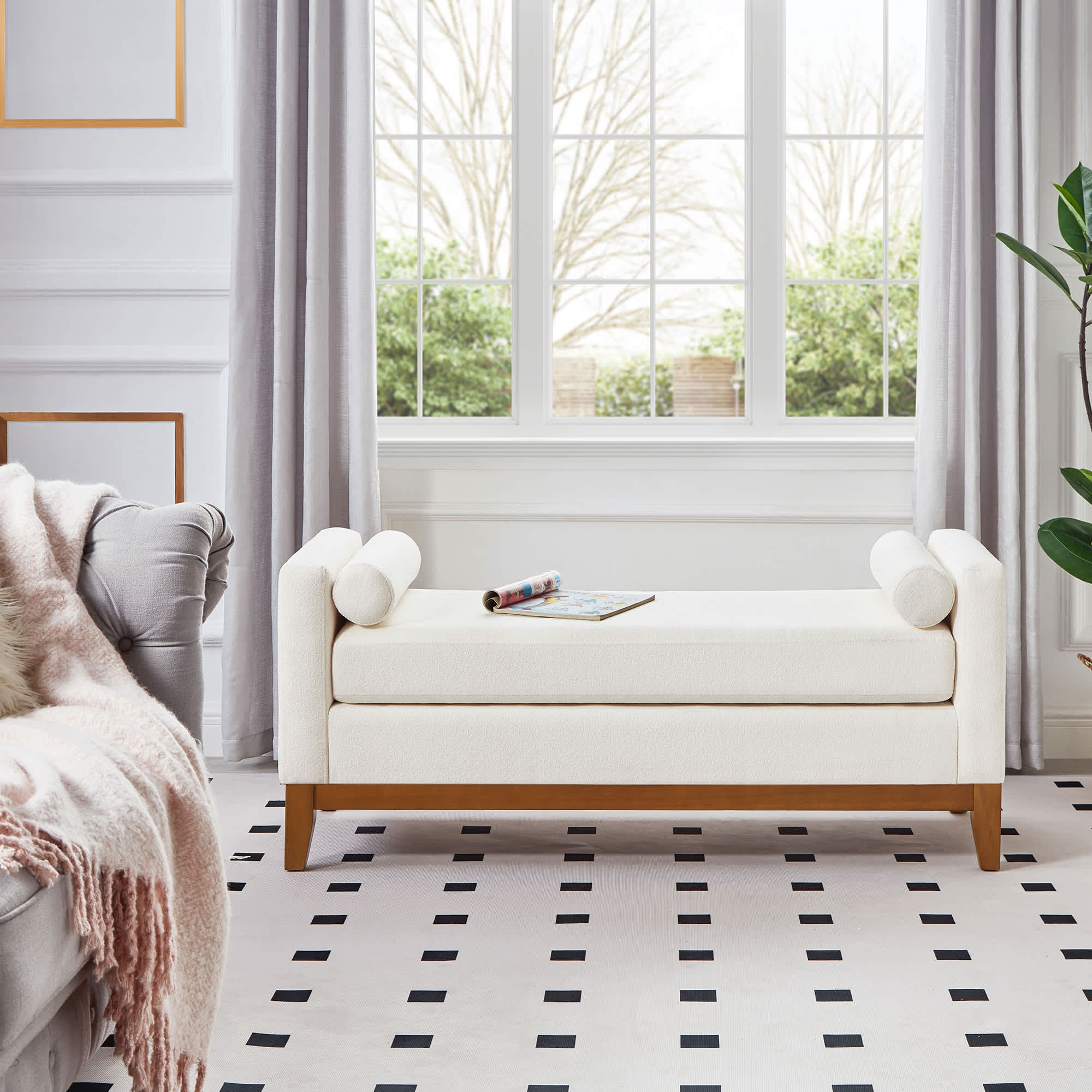 Vynxaria Large Upholstered Boucle Fabric Ottoman Bench with Pillows ...