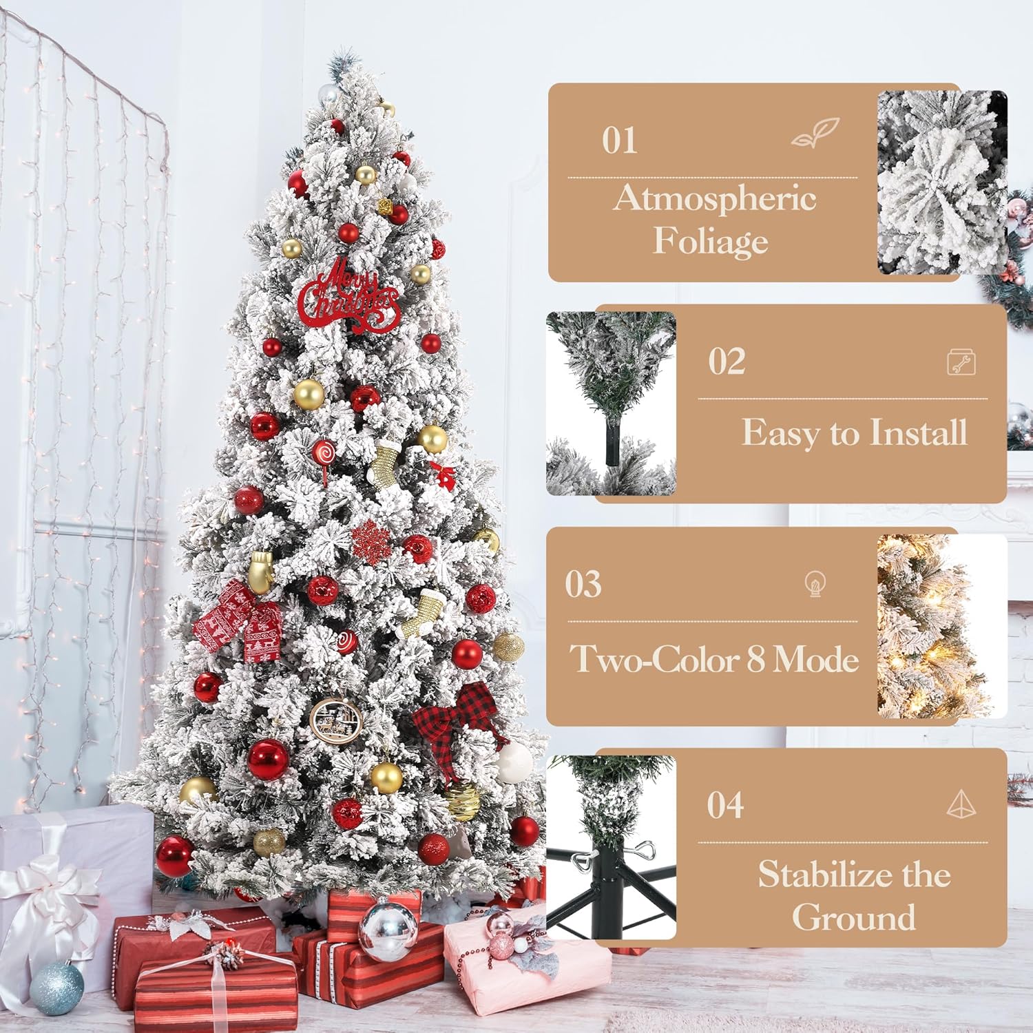 Qeetex Christmas Tree 7.5 FT Snow Flocked Artificial White Hinged 350 ...