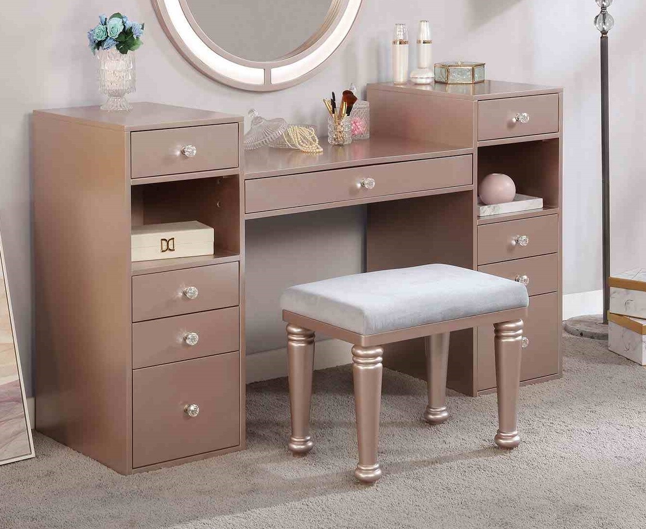 Glam Vanity Set with Padded Stool 60 Inch Wide 20 Inch Deep 36 Inch ...