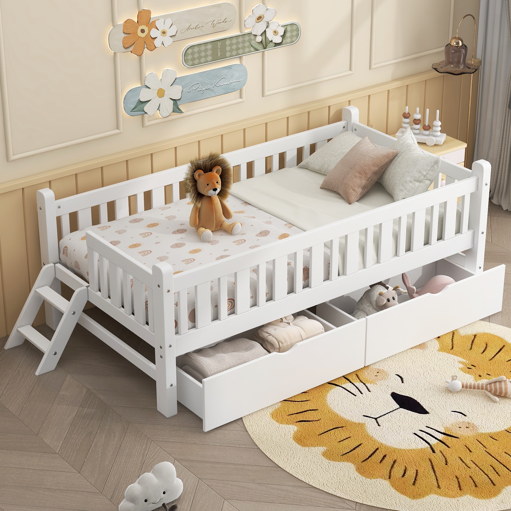 Clihome Twin White Wood Bed Frame Storage with Headboard in the Beds ...