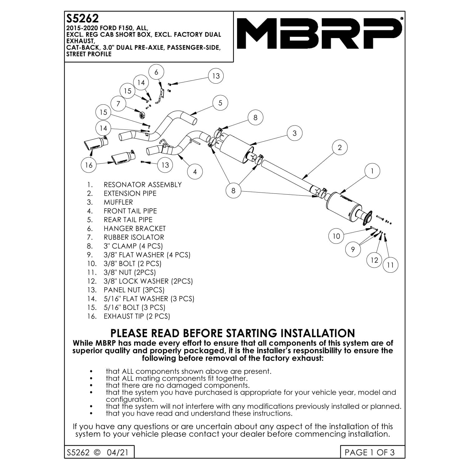 MBRP Armor BLK Cat Back Exhaust System 3 in Incl Front Pipe/Ext in the ...