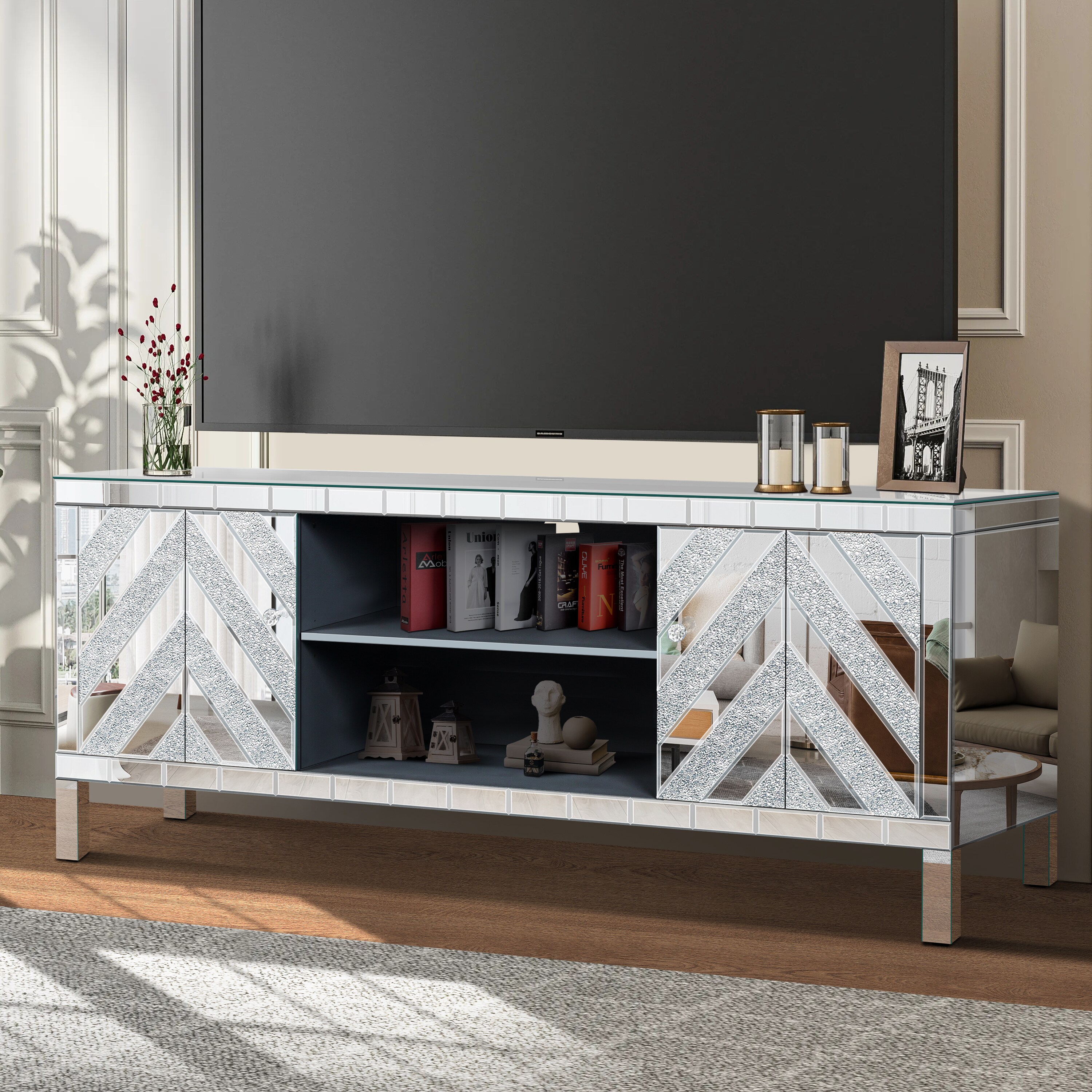 LOVMOR Mirrored TV Stand for 65+ inch TV Sliver TV Console Table with ...